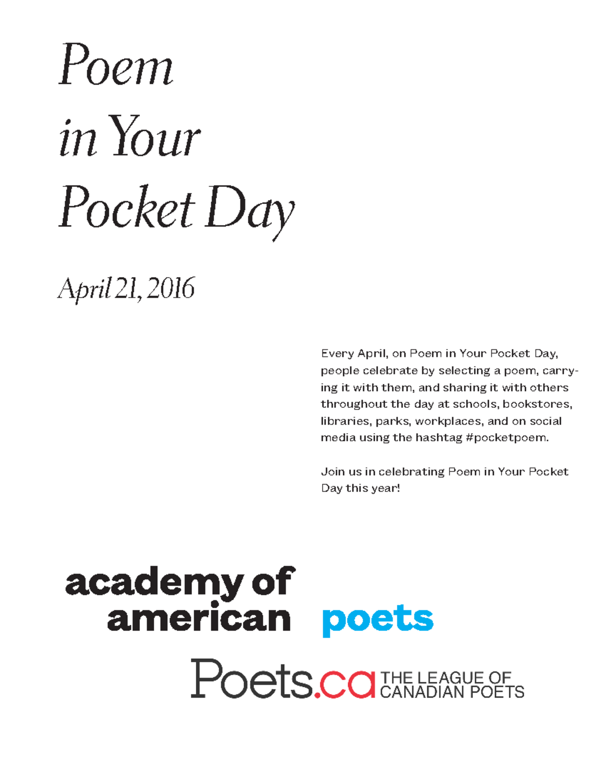 Poem In Pocket Day 2016 March 27 - Poem in Your Pocket Day April 21 ...