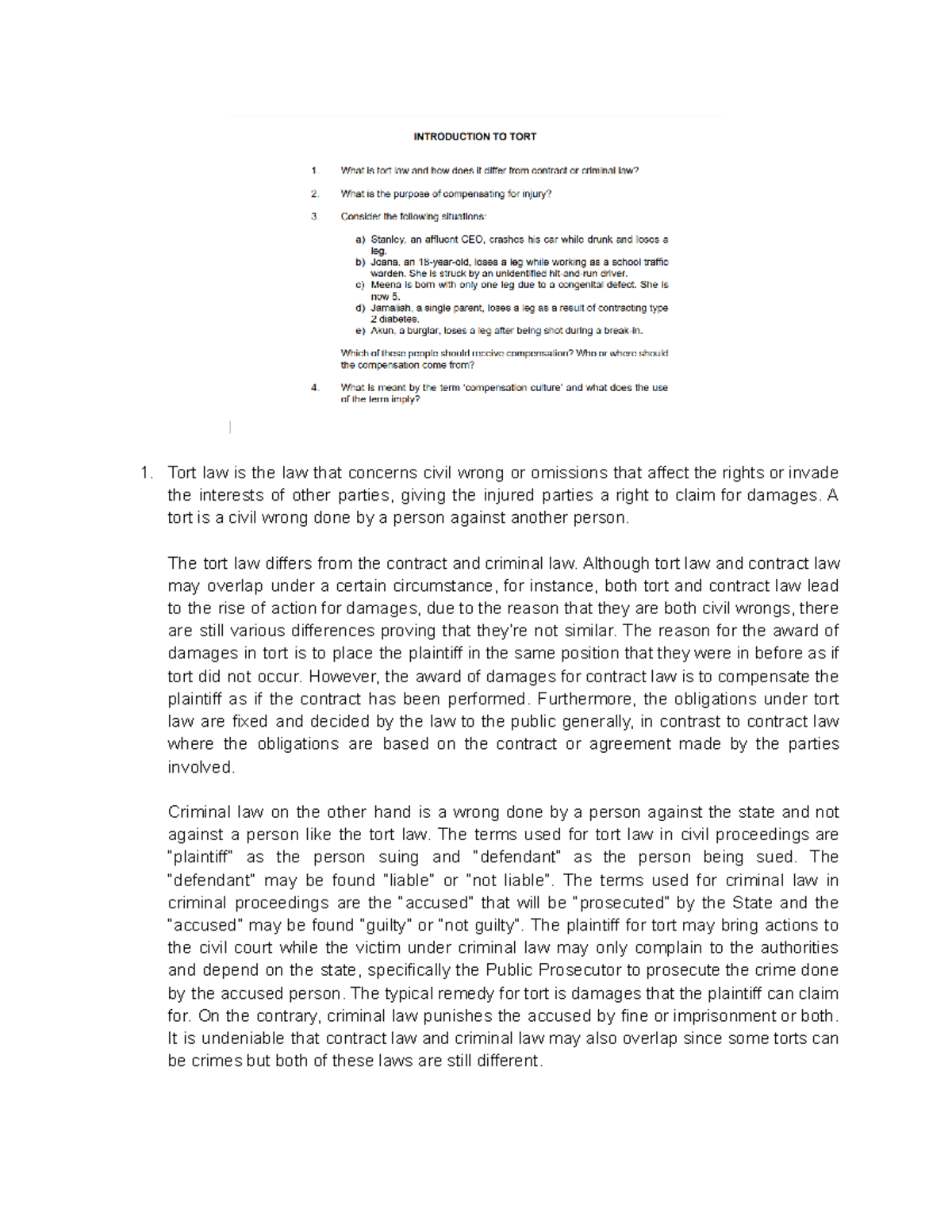 Tort Tuto Q Part1 - Questions to practice for tort tutorial. - Tort law is the law that concerns ...