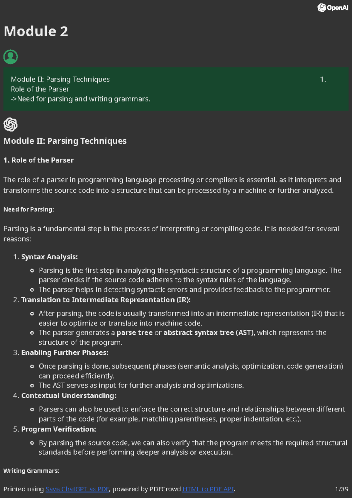 Module 2 - Module 2 Module II: Parsing Techniques 1. Role of the Parser ->Need for parsing and ...