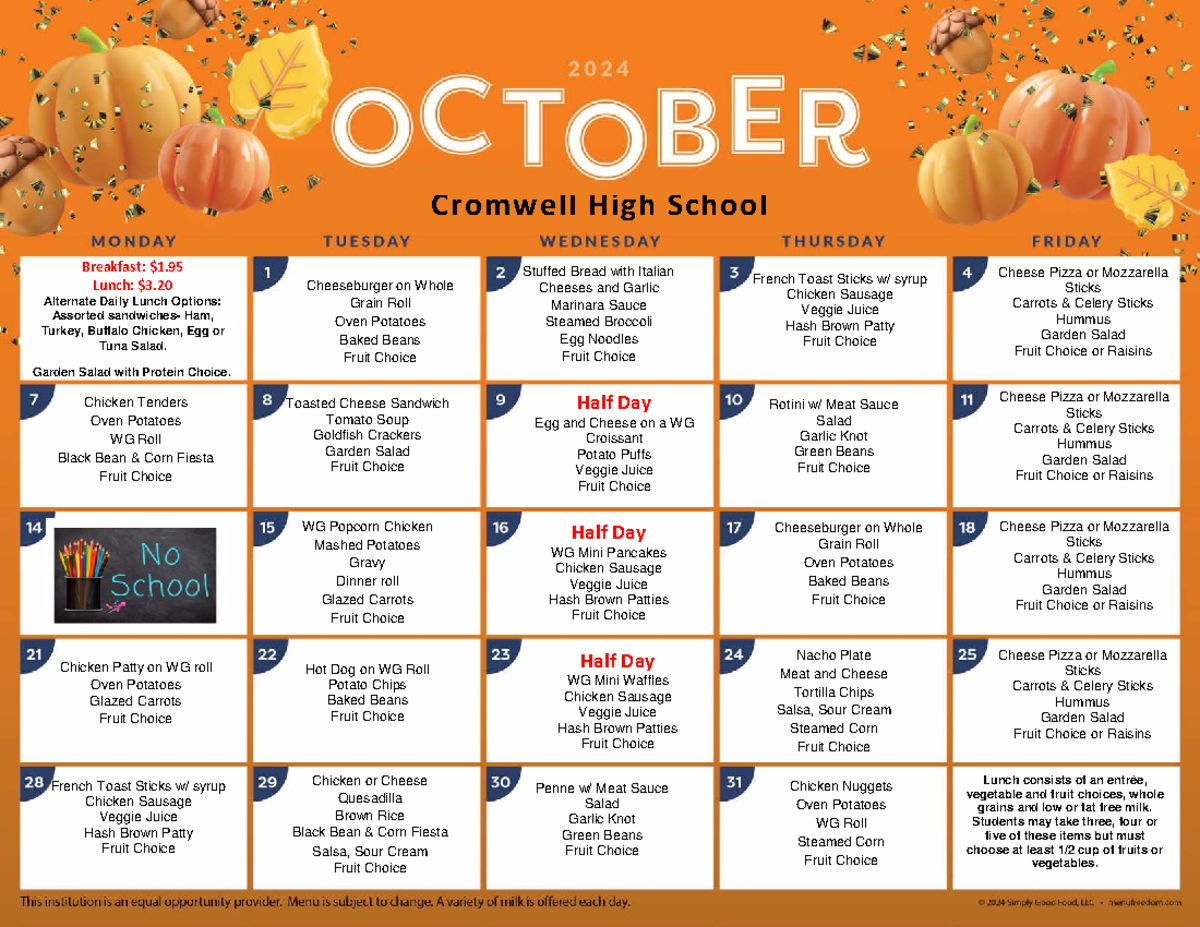 CHS October Lunch Menu - Food - Lunch consists of an entrée, vegetable ...