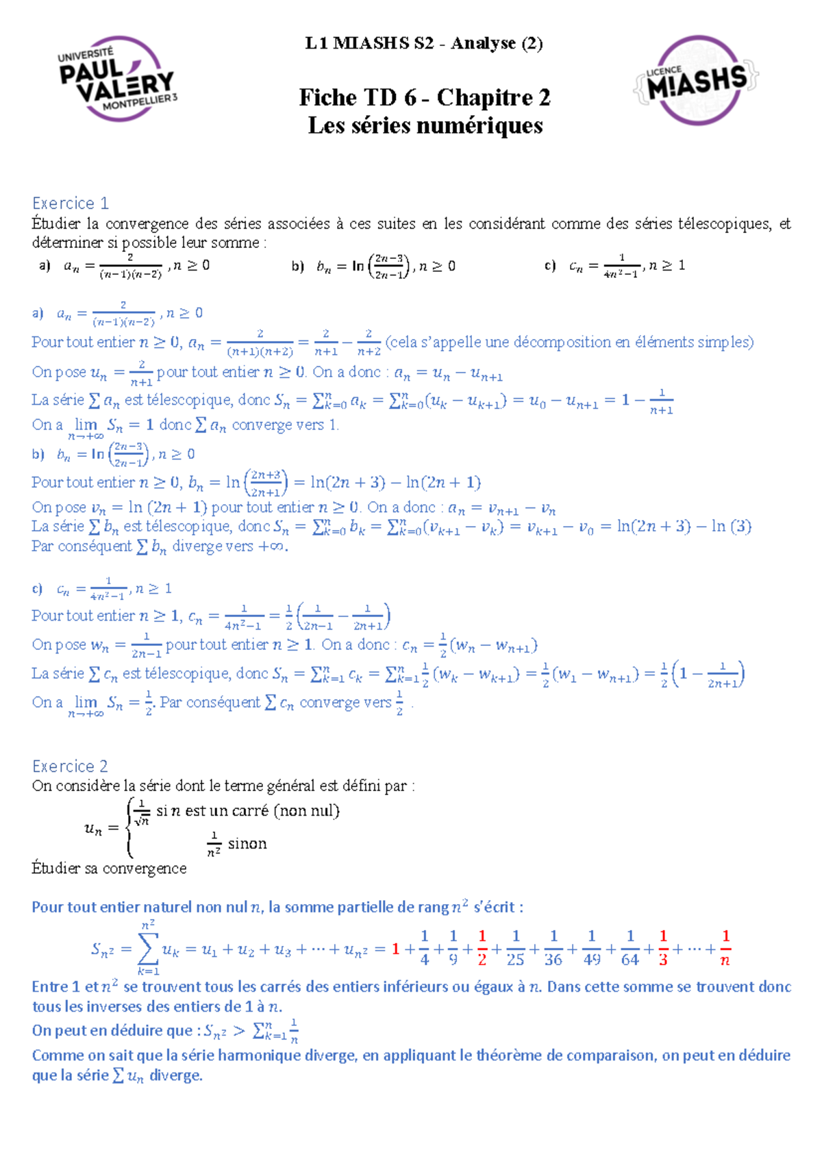 ANA2-TD6corrige - td6 corrigé - L1 MIASHS S 2 - Analyse ( 2 ) Fiche TD 6 - Chapitre 2 Les séries ...
