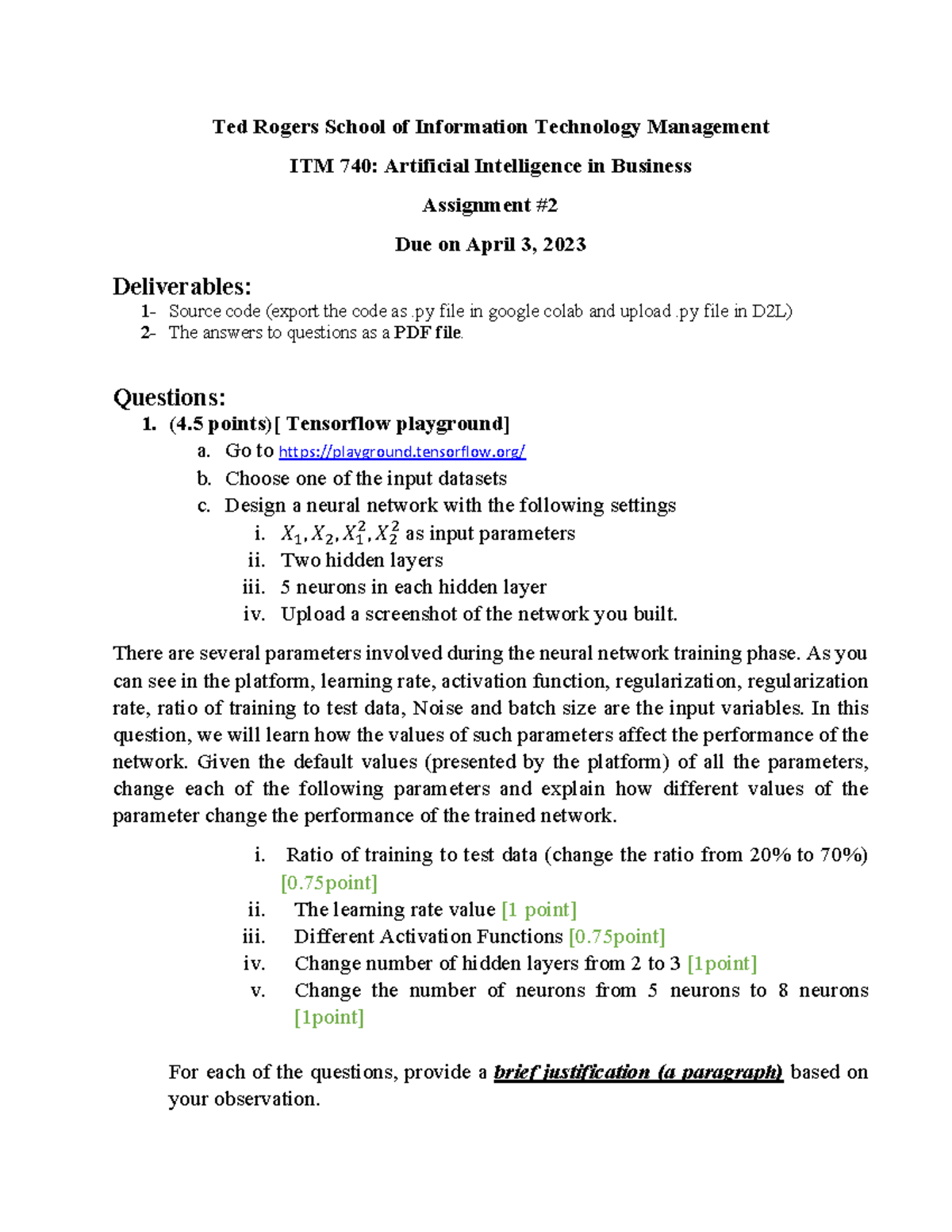 Assignment 2 - Ted Rogers School of Information Technology Management ITM 740: Artificial - Studocu