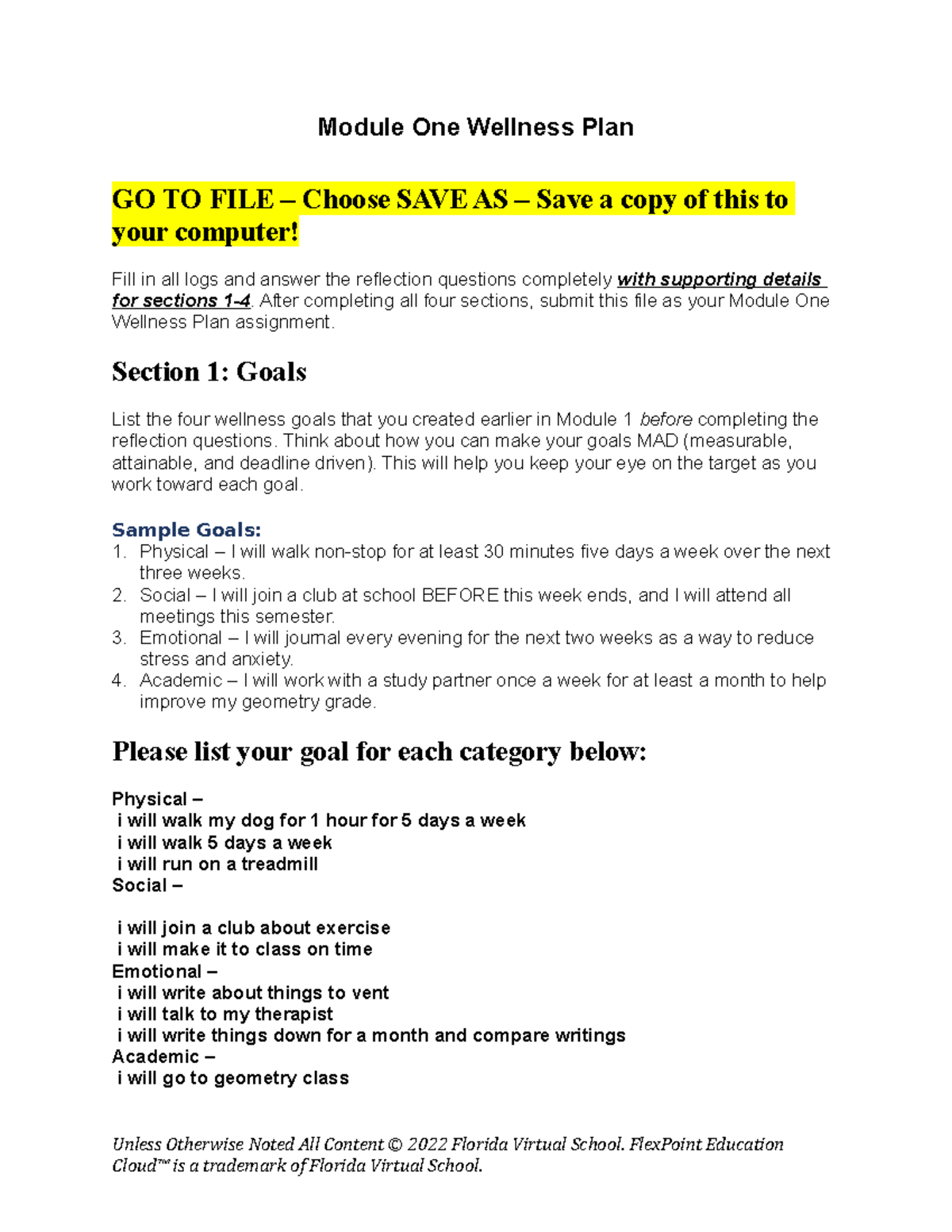 Module one wellness plan - Module One Wellness Plan GO TO FILE – Choose ...