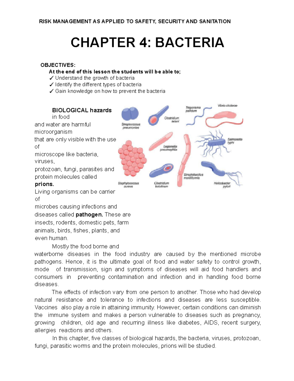 Chapter 4 Bacteria - RISK MANAGEMENT AS APPLIED TO SAFETY, SECURITY AND SANITATION CHAPTER 4 ...
