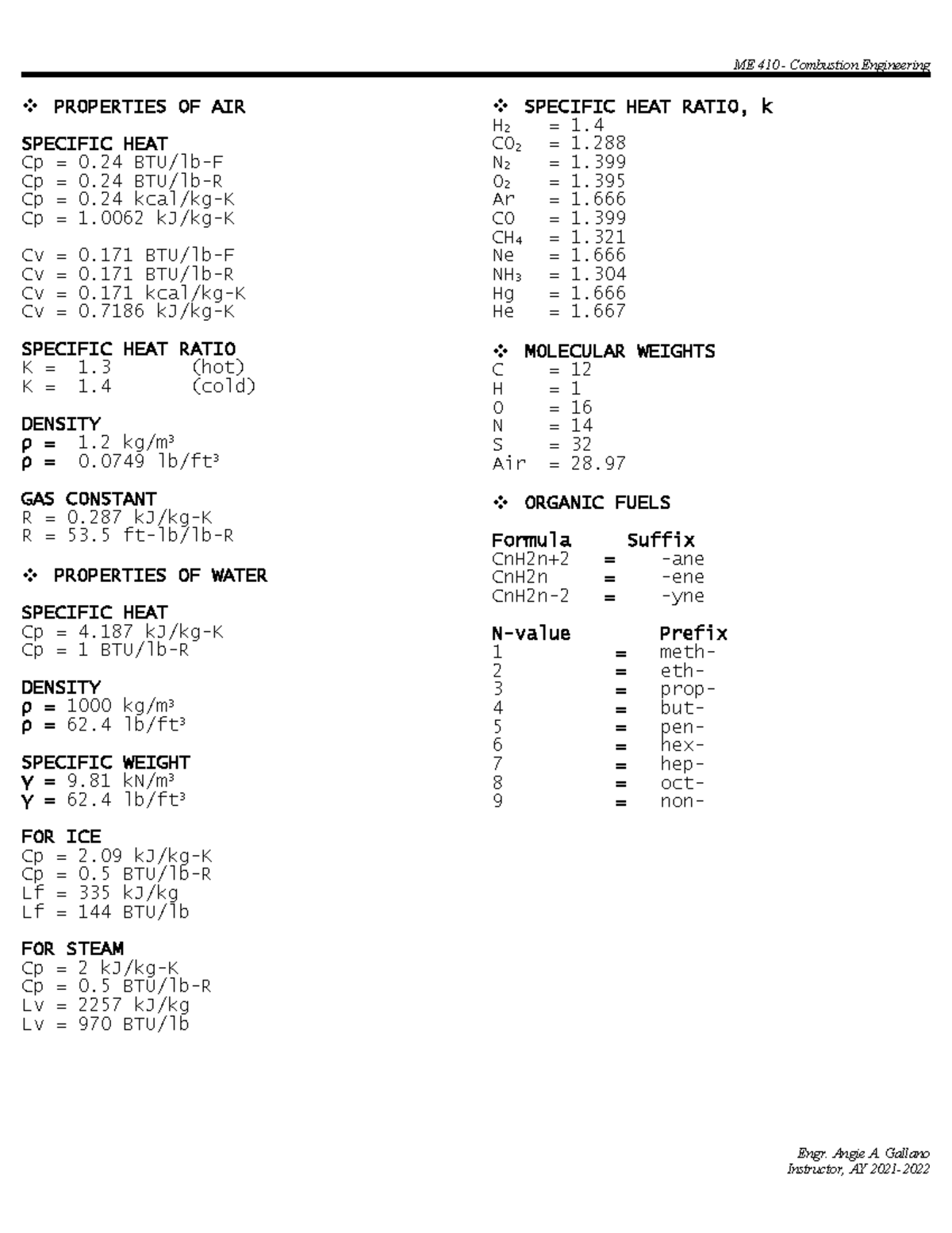 Important Constants and Seven Generals - ME 410 - Combustion ...