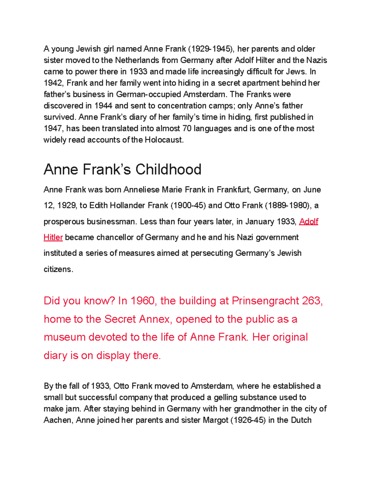 Copy of Class Notes - A young Jewish girl named Anne Frank (1929-1945 ...