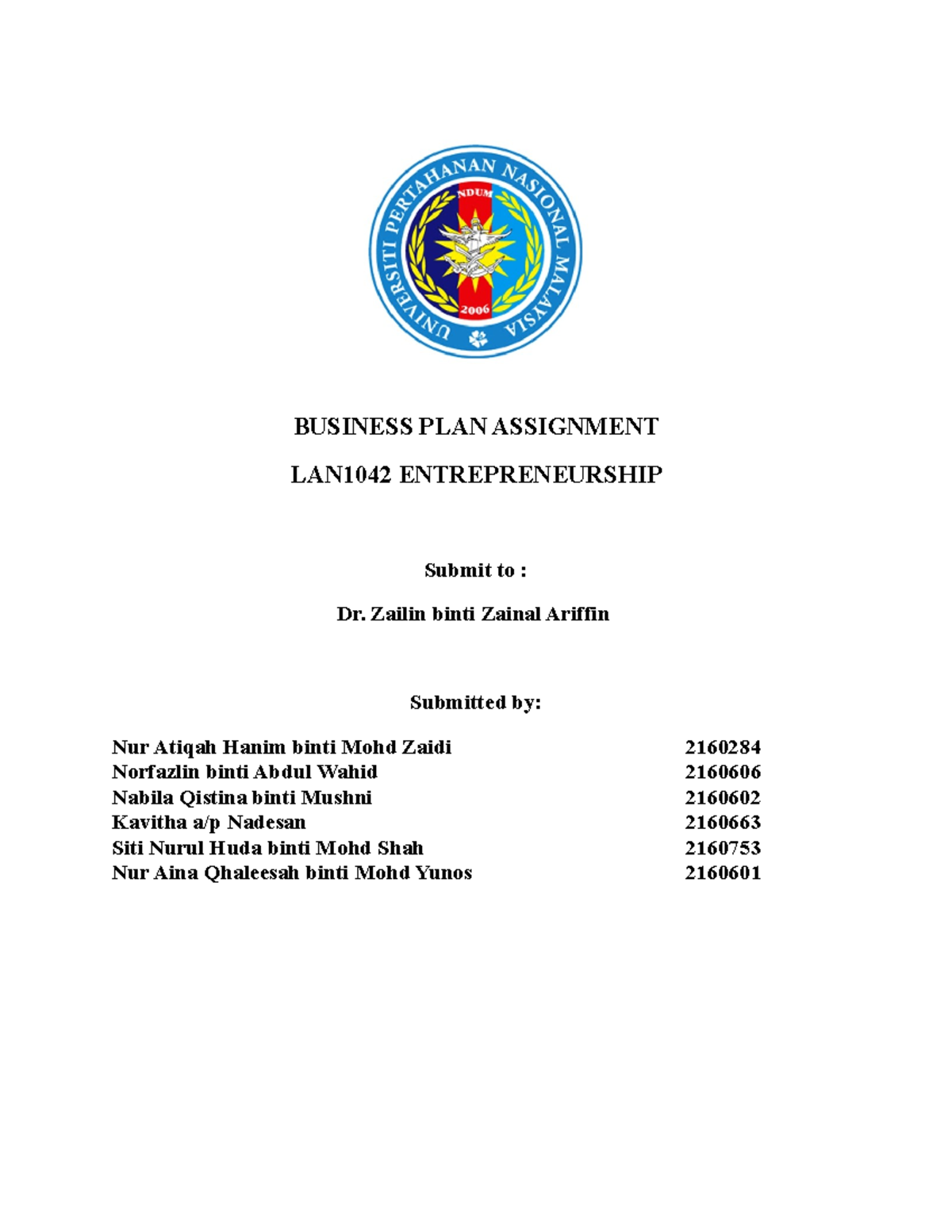 Business PLAN Assignment LAN1042 Entrepr - BUSINESS PLAN ASSIGNMENT ...