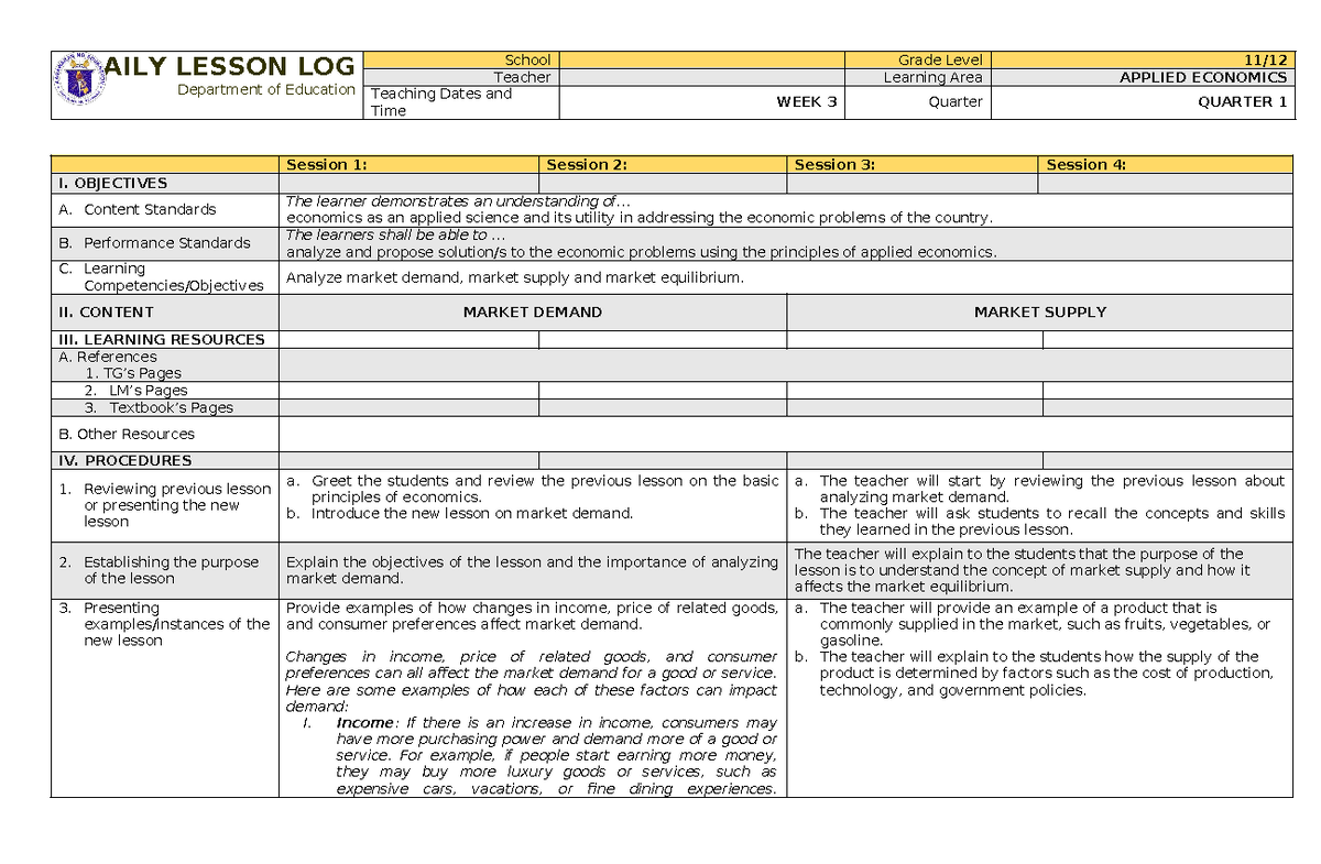 Daily Lesson Log Grade 12 - DAILY LESSON LOG Department of Education ...