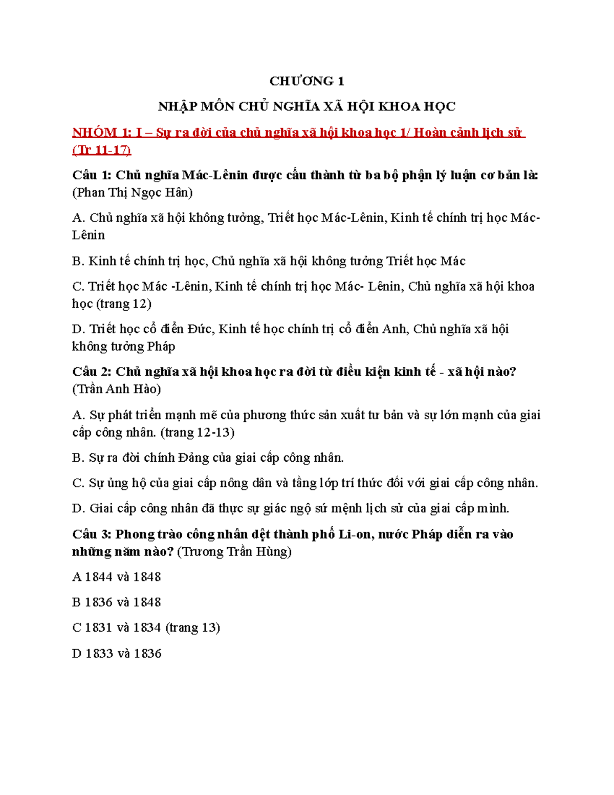 CHTN CHƯƠNG 1 - CHƯƠNG 1 NHẬP MÔN CHỦ NGHĨA XÃ HỘI KHOA HỌC NHÓM 1: I ...