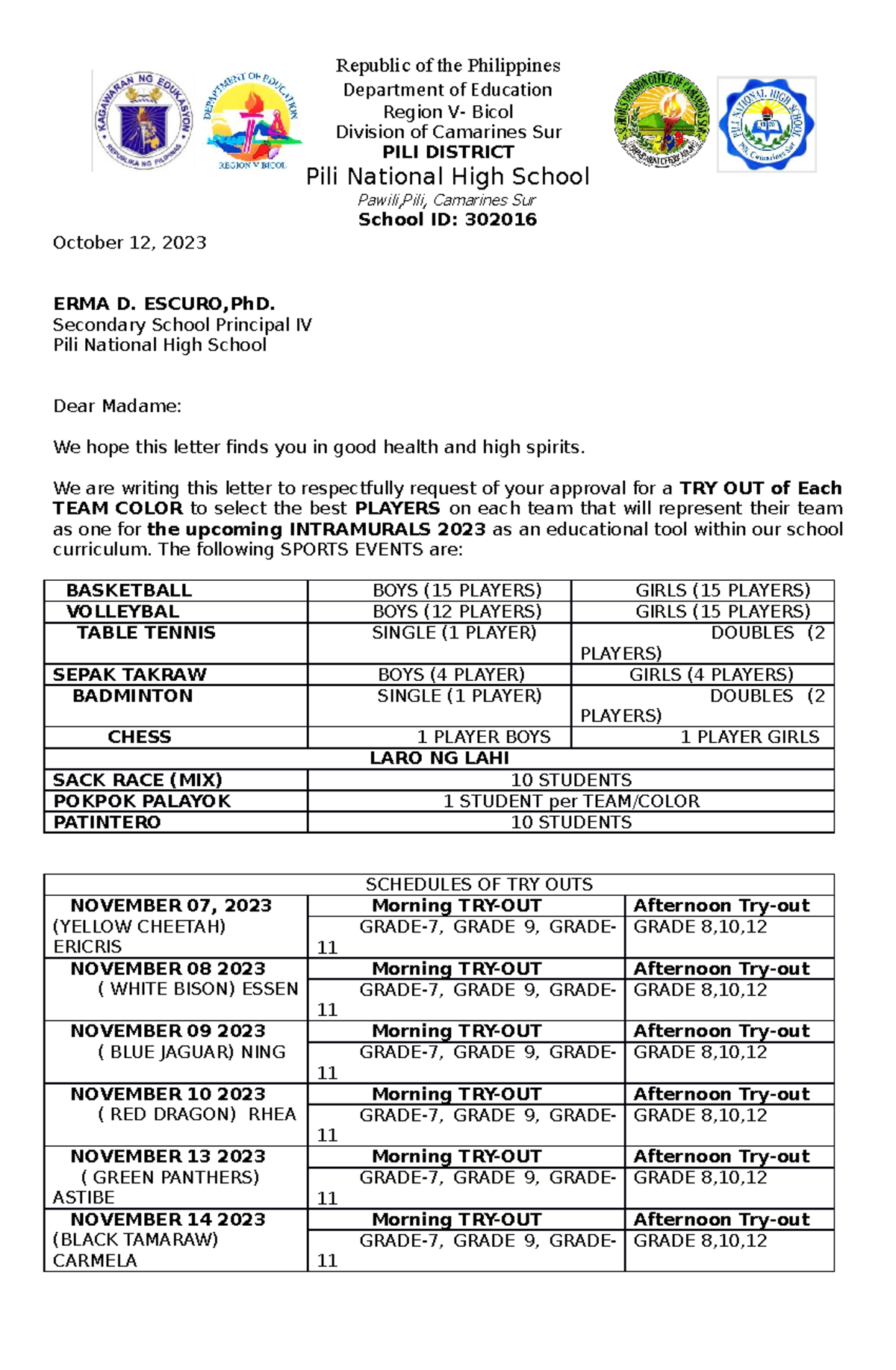 Letter Intramurals TRY OUT - Republic of the Philippines Department of ...
