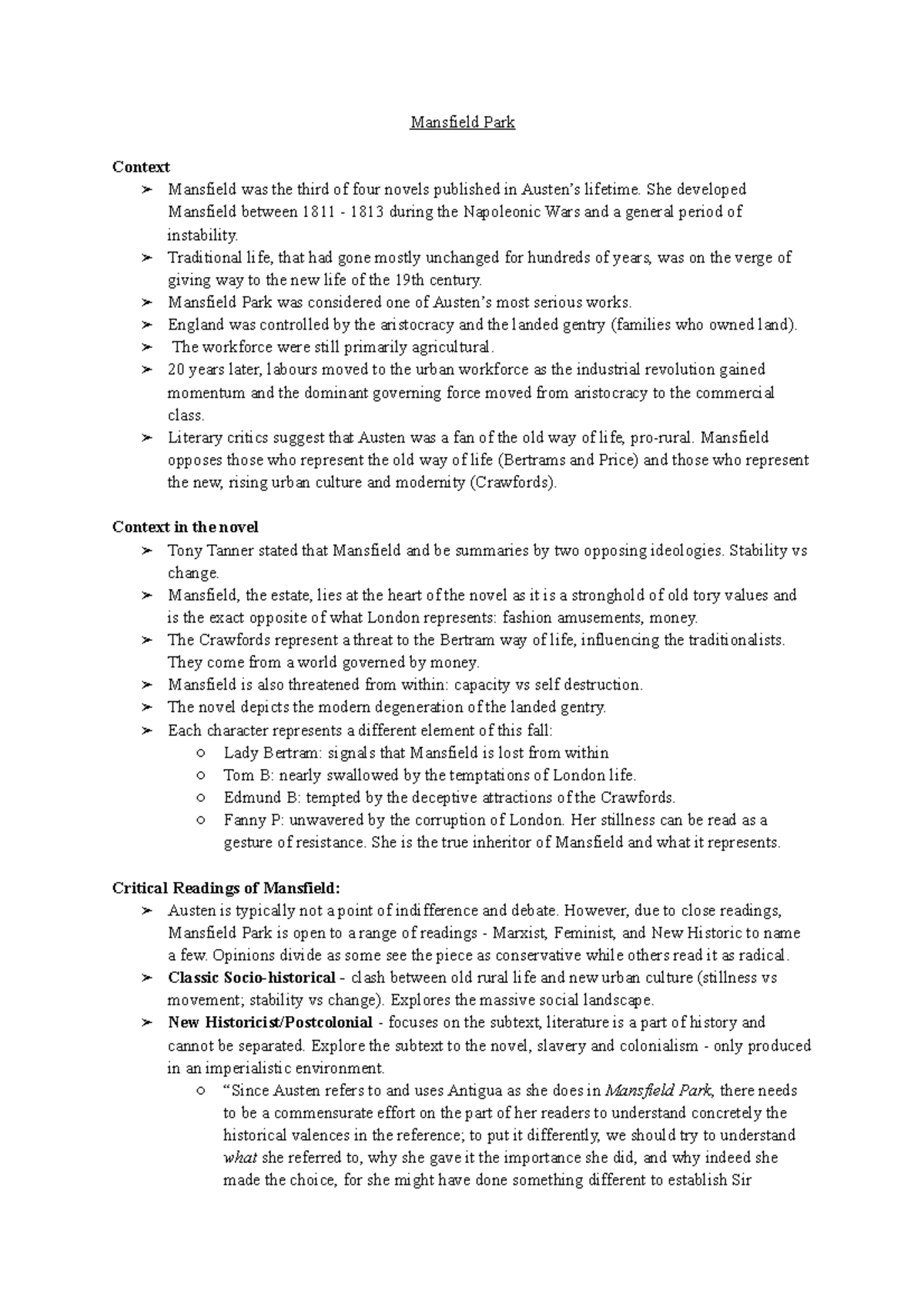 Mansfield Park Complete Notes - Mansfield Park Context Mansfield was ...