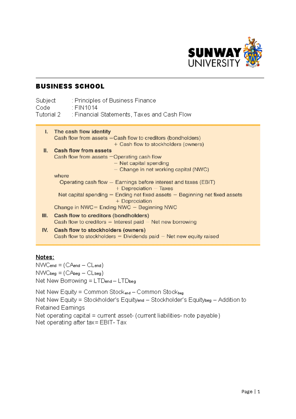 Tutorial 2 Financial Statements, Taxes and Cash Flows student ...