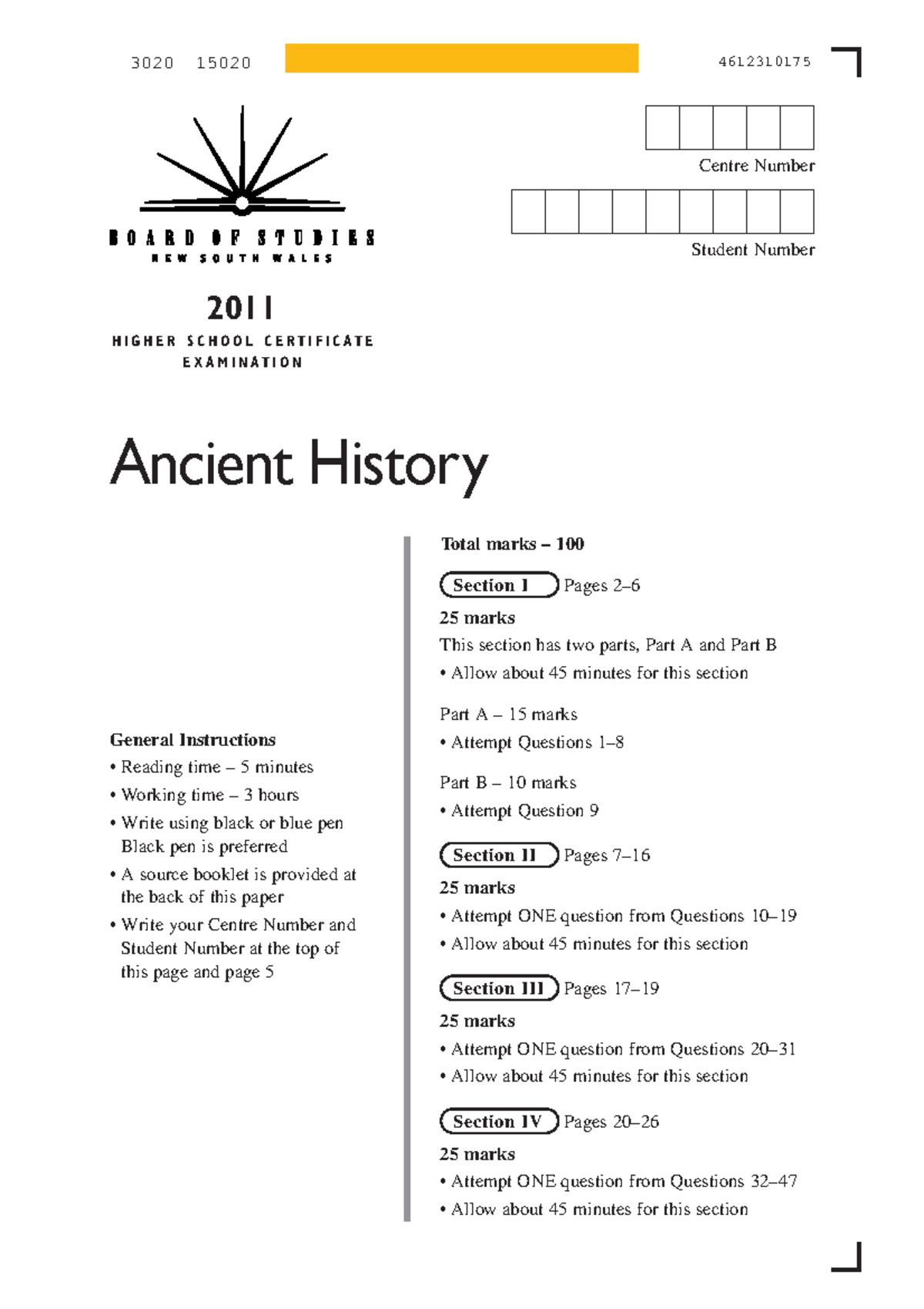 Ancient history hsc exam 2011 - 4612310175 Centre Number Student Number ...