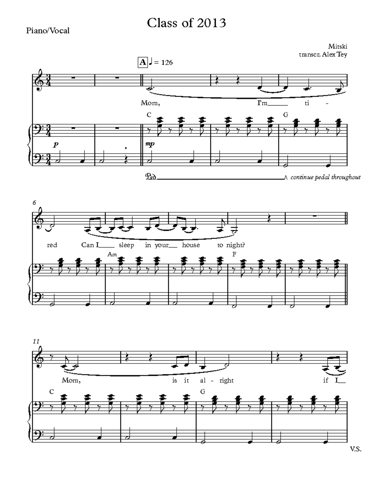 Class of 2013 (piano vocal), transcr. Alex Tey - { { { Piano/Vocal Mom ...