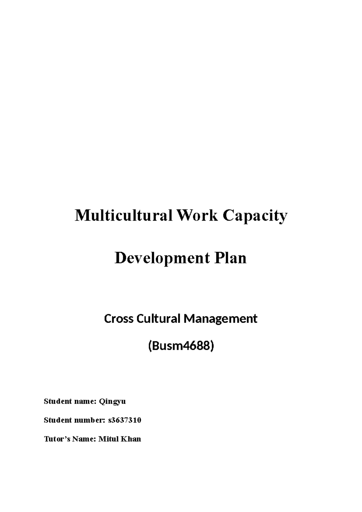 Ass3 - Multicultural Work Capacity Development Plan Cross Cultural ...