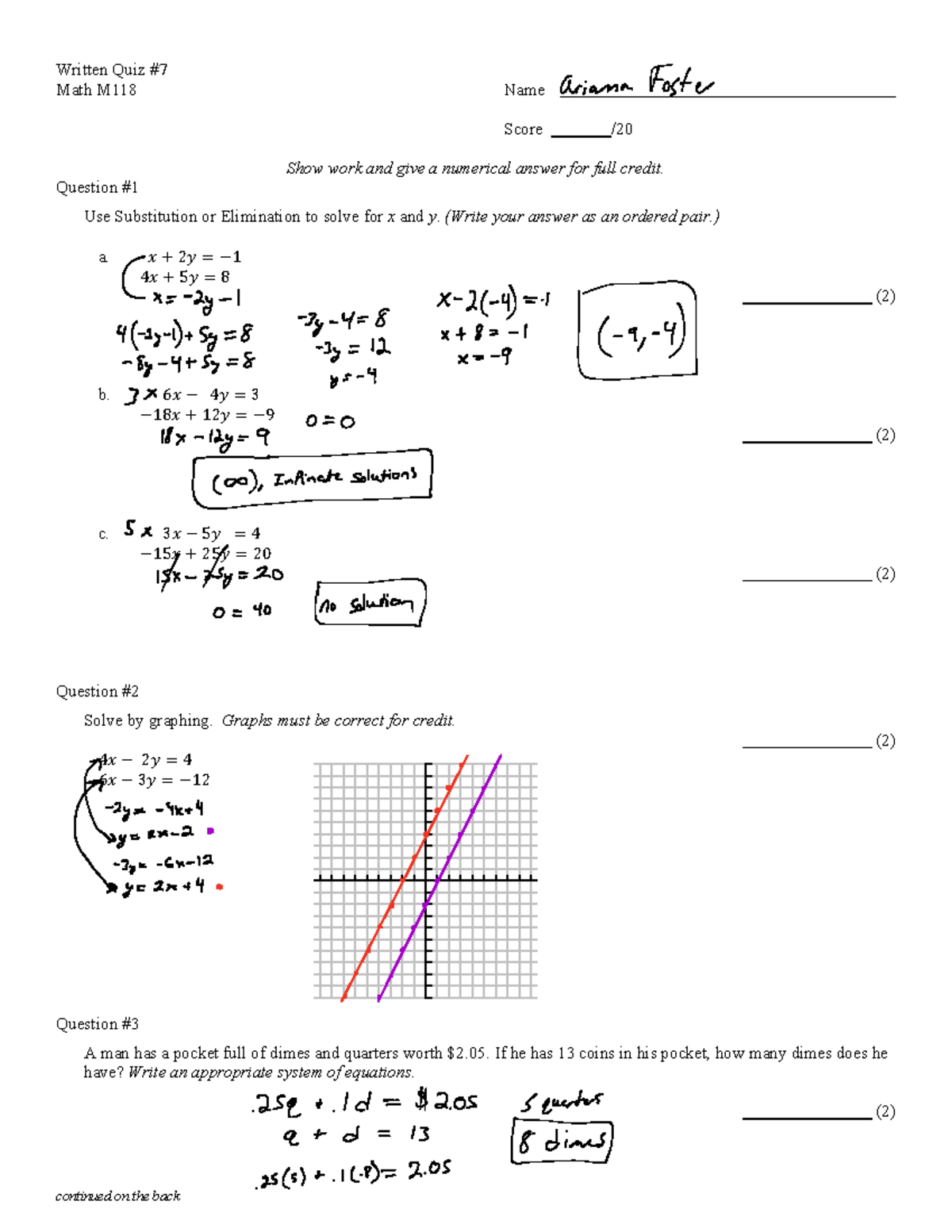 Written Quiz #7 - continued on the back Written Quiz # Math M118 Name ...