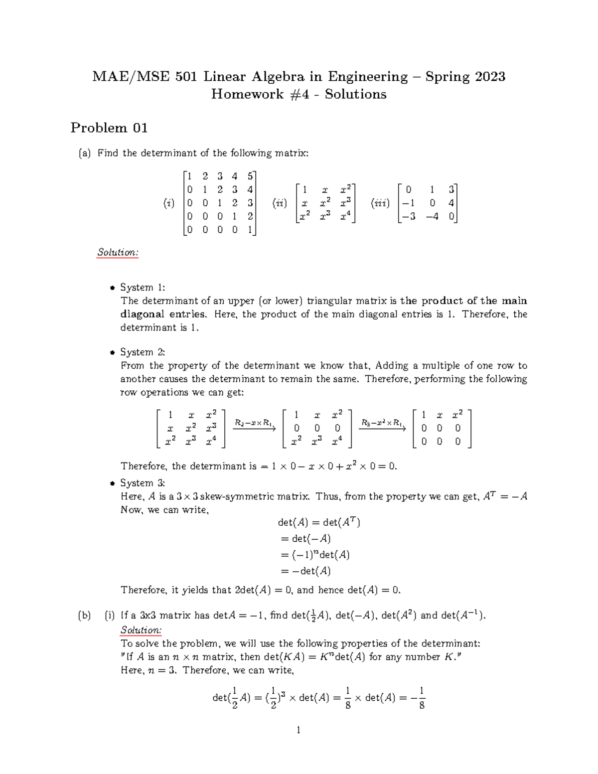 HW4 Solutions MAE501 S23 - MAE/MSE 501 Linear Algebra in Engineering – Spring 2023 Homework #4 ...