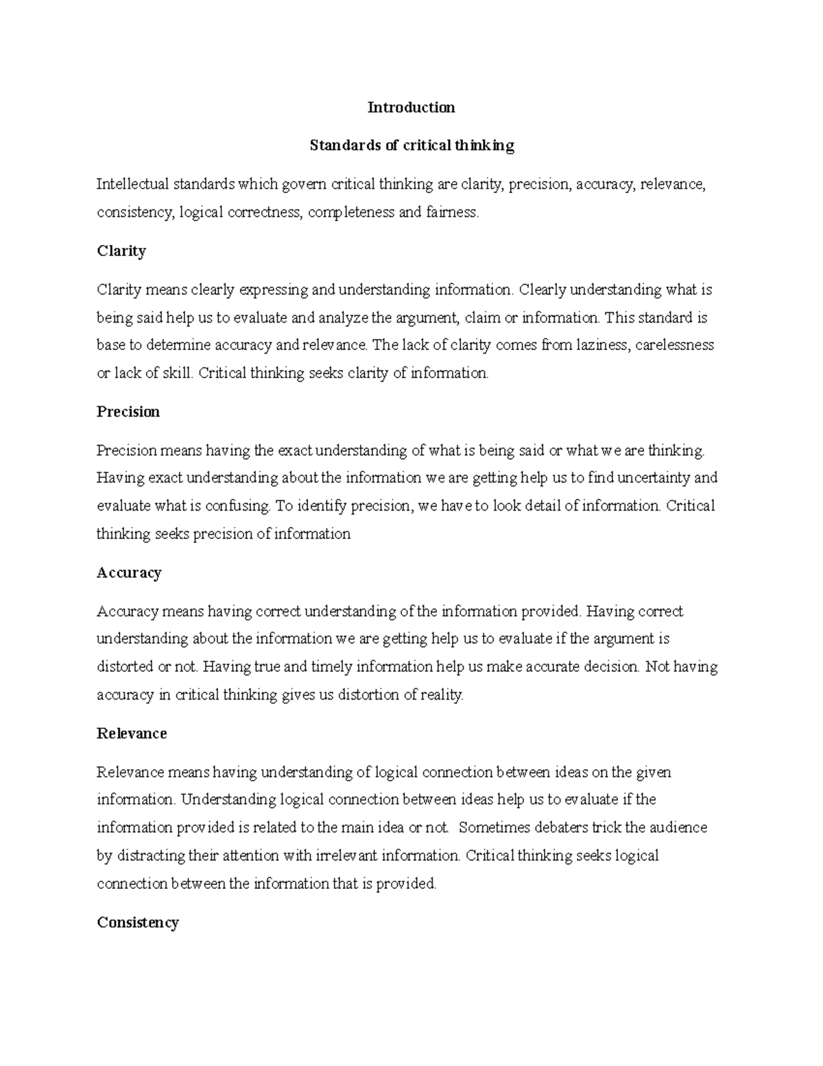 Assignment - Introduction Standards of critical thinking Intellectual ...
