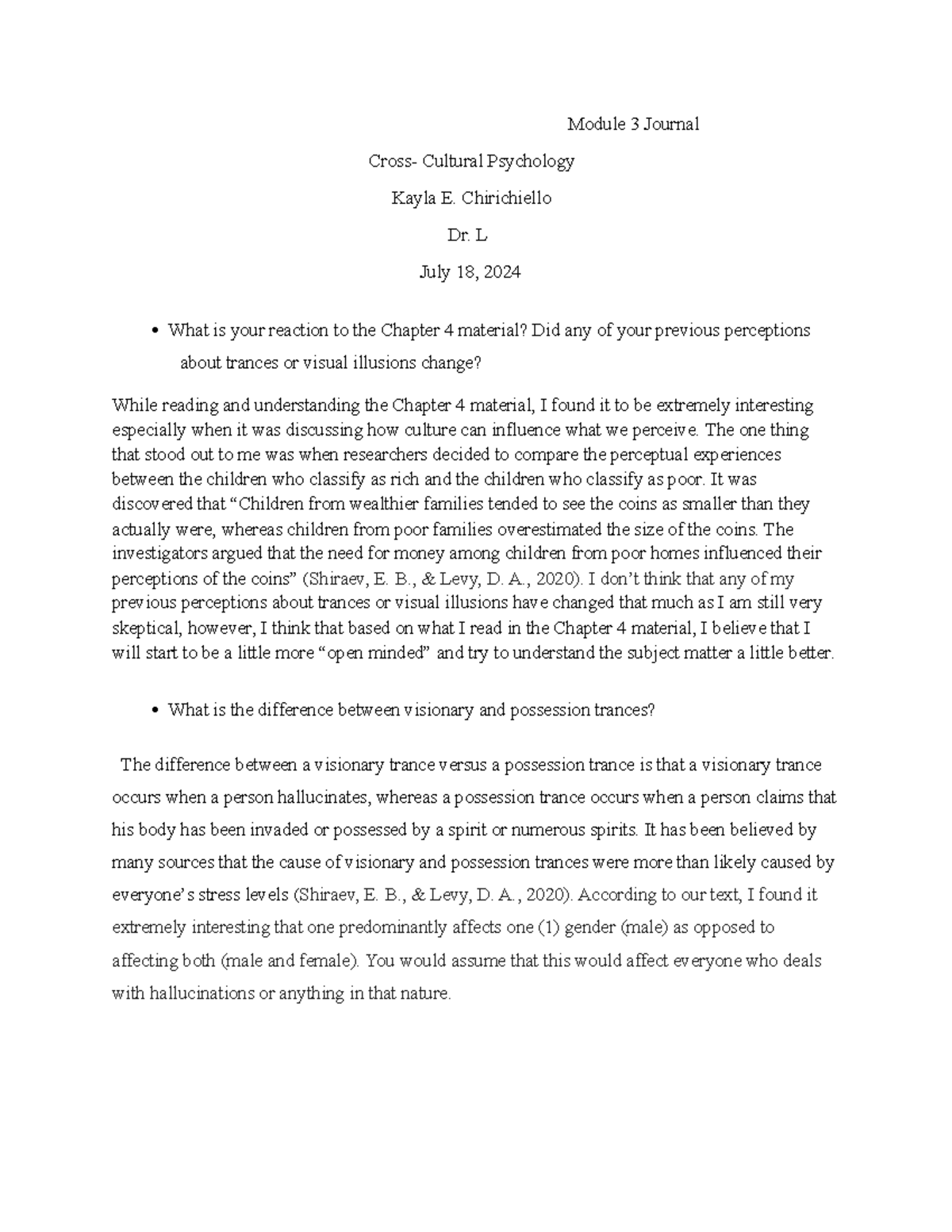 Module 3 Journal- K. Chirichiello - Module 3 Journal Cross- Cultural ...