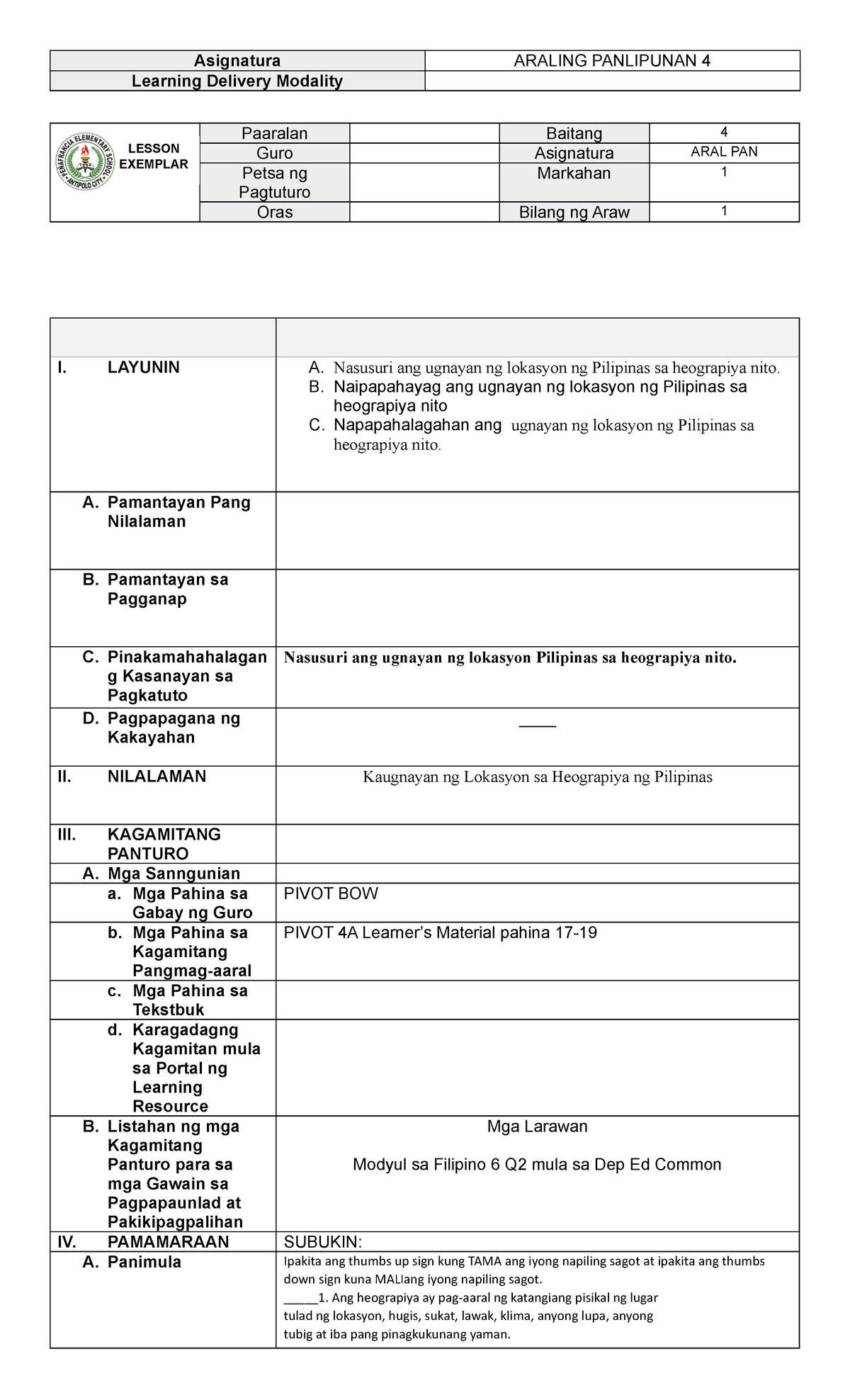 LE-Filipino - lesson exemplar of filipino - Asignatura ARALING ...