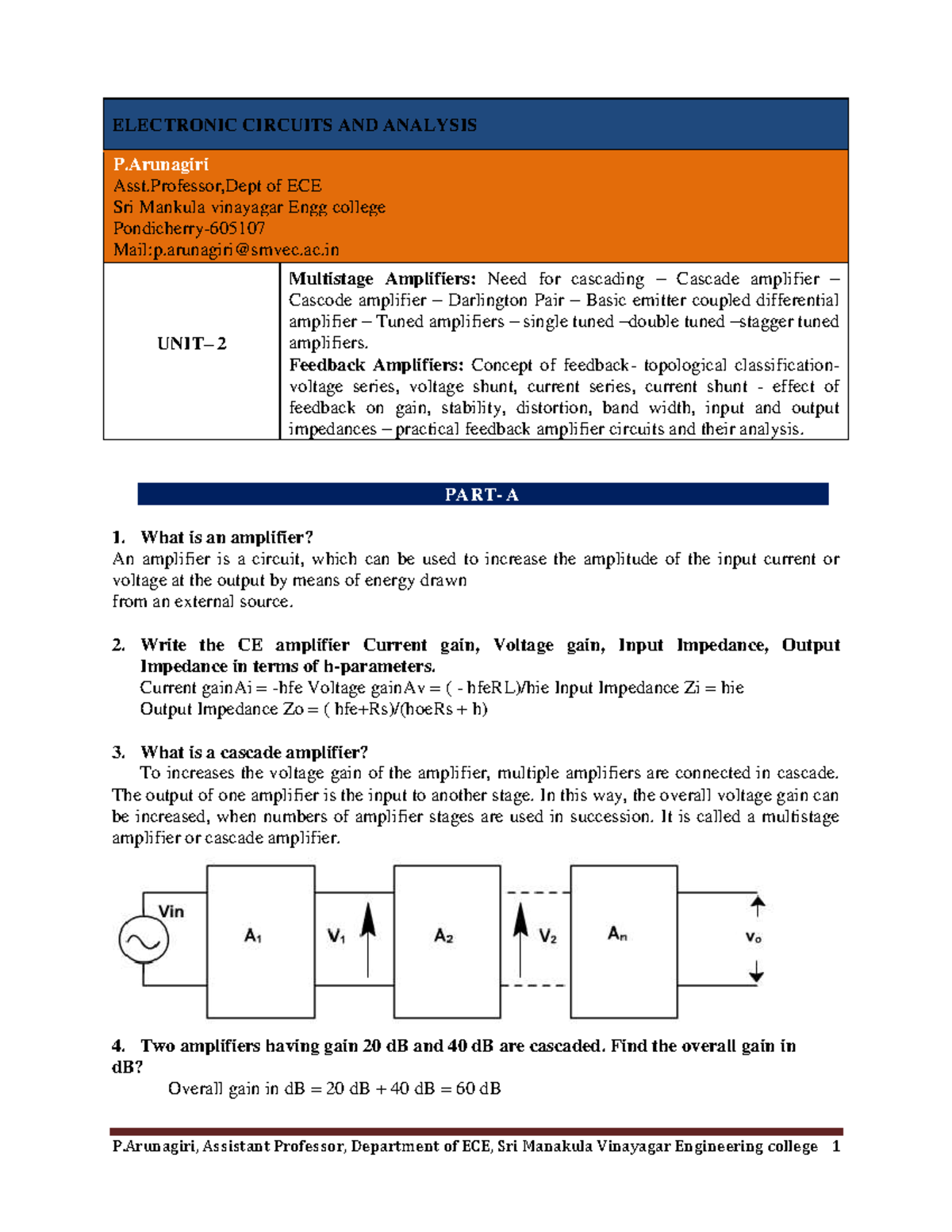 Unit 2 - all units eca notes - P, Assistant Professor, Department of ...