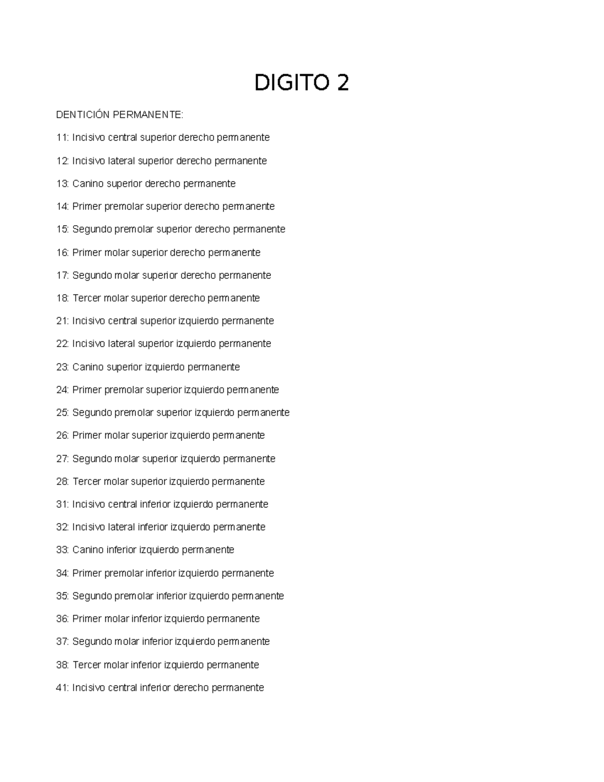 Digito 2 - DIGITO 2 DENTICIÓN PERMANENTE: 11: Incisivo central superior ...