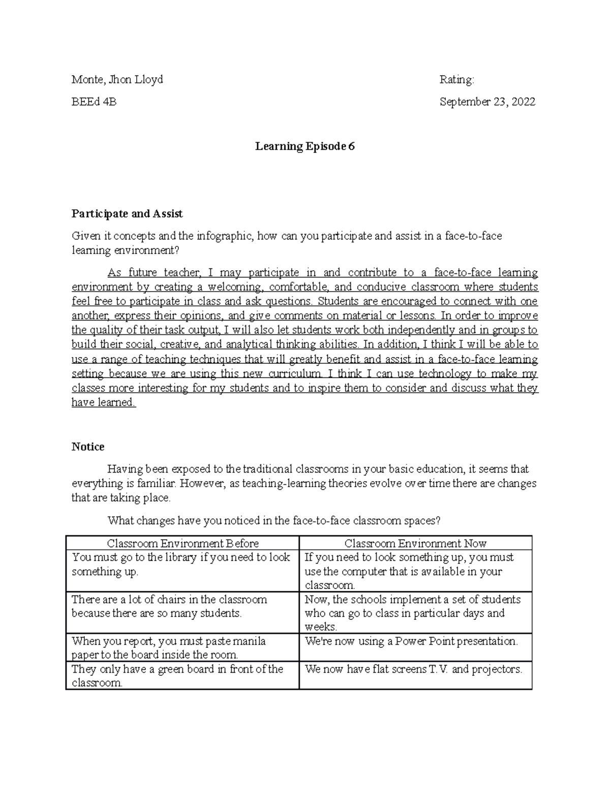 Episode-6-FS-2 Monte - asdfa - Monte, Jhon Lloyd Rating: BEEd 4B September 23, 2022 Learning ...