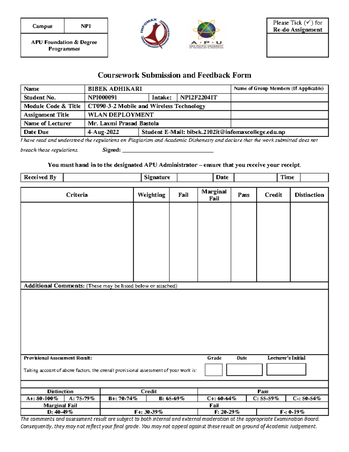 MWT- Sample - ka;g;ahn - Campus NPI Please Tick ( ) for Re-do ...