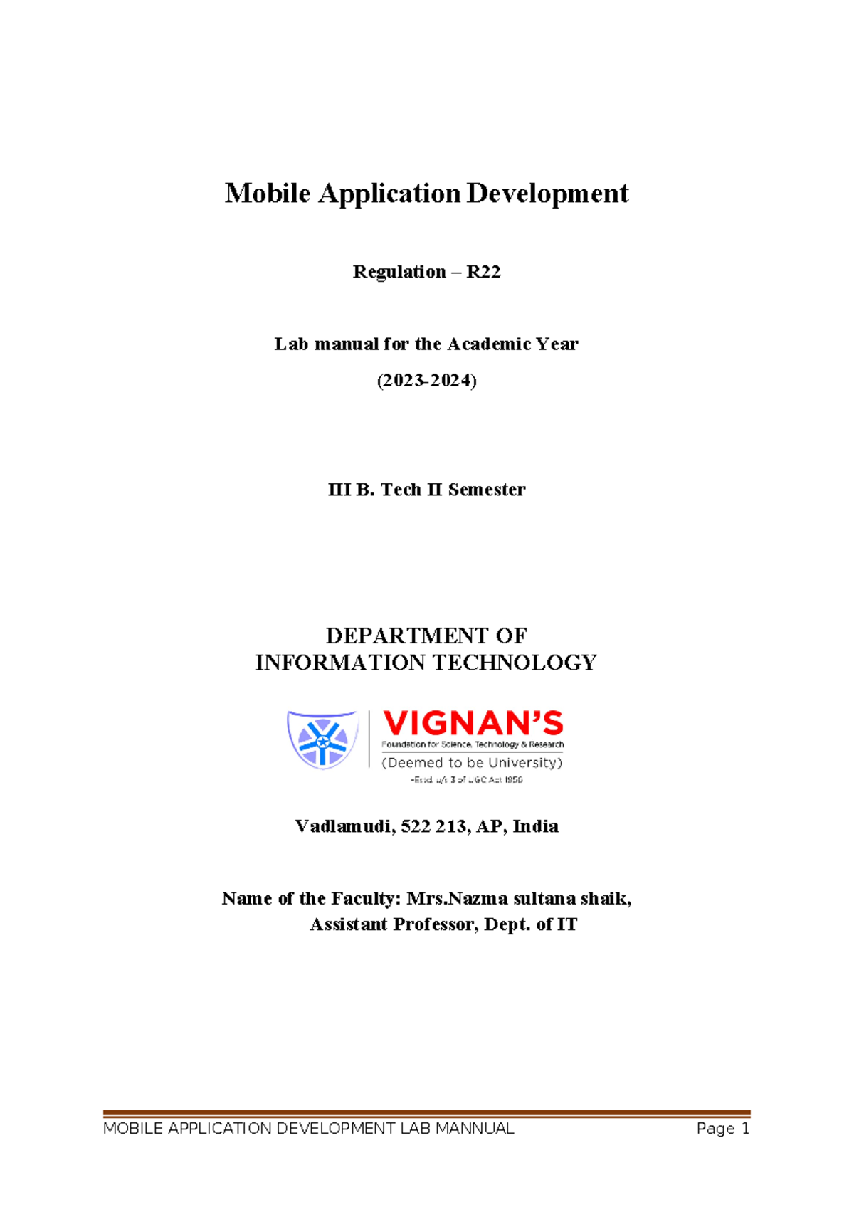 MAD L M 23-24 II sem - Mobile Application Development Regulation – R Lab manual for the Academic ...