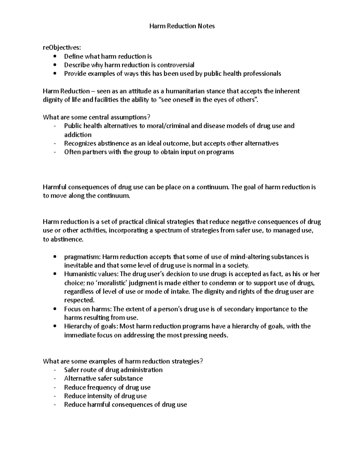 Harm Reduction Notes - classwork - Harm Reduction Notes reObjectives ...