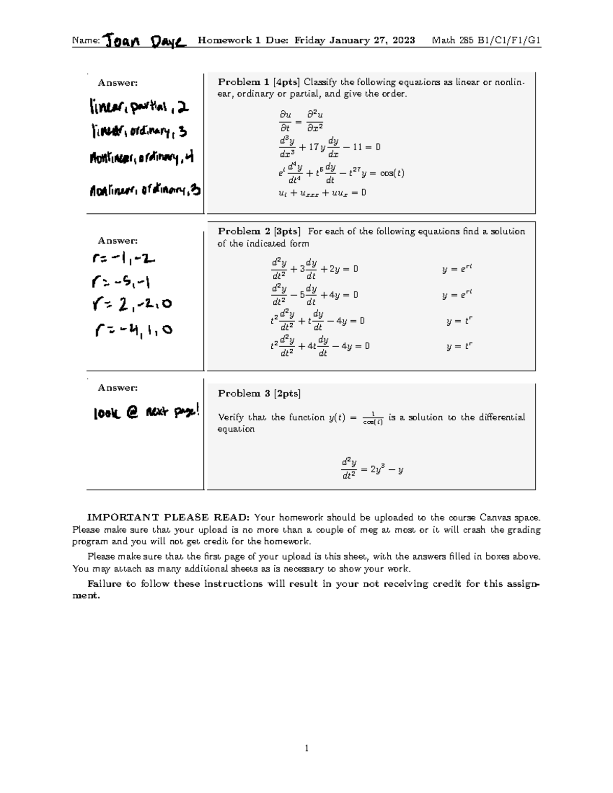 Written Homework 1 Name Homework 1 Due Friday January 27 2023 Math 285 B1 C1 F1 G Answer