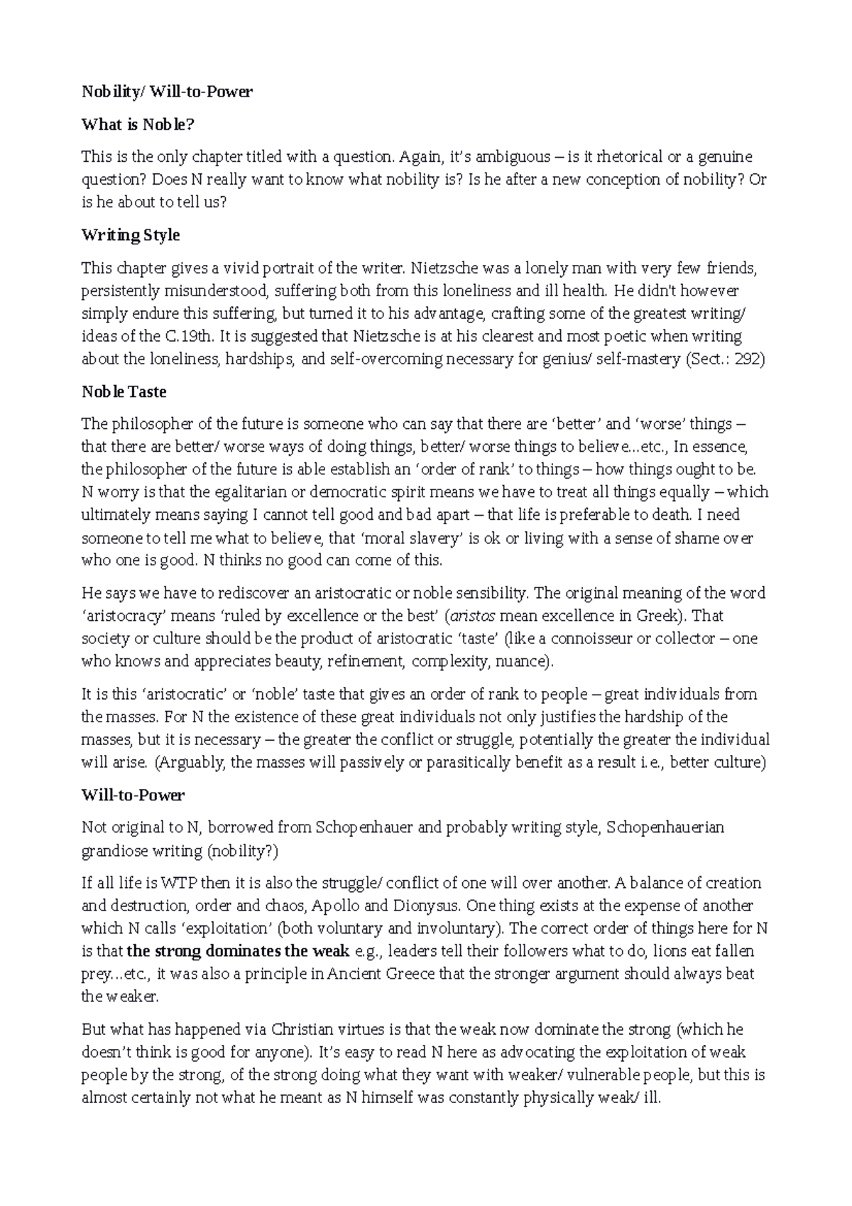 What is Noble - Lecture notes 1-12 - Nobility/ Will-to-Power What is ...