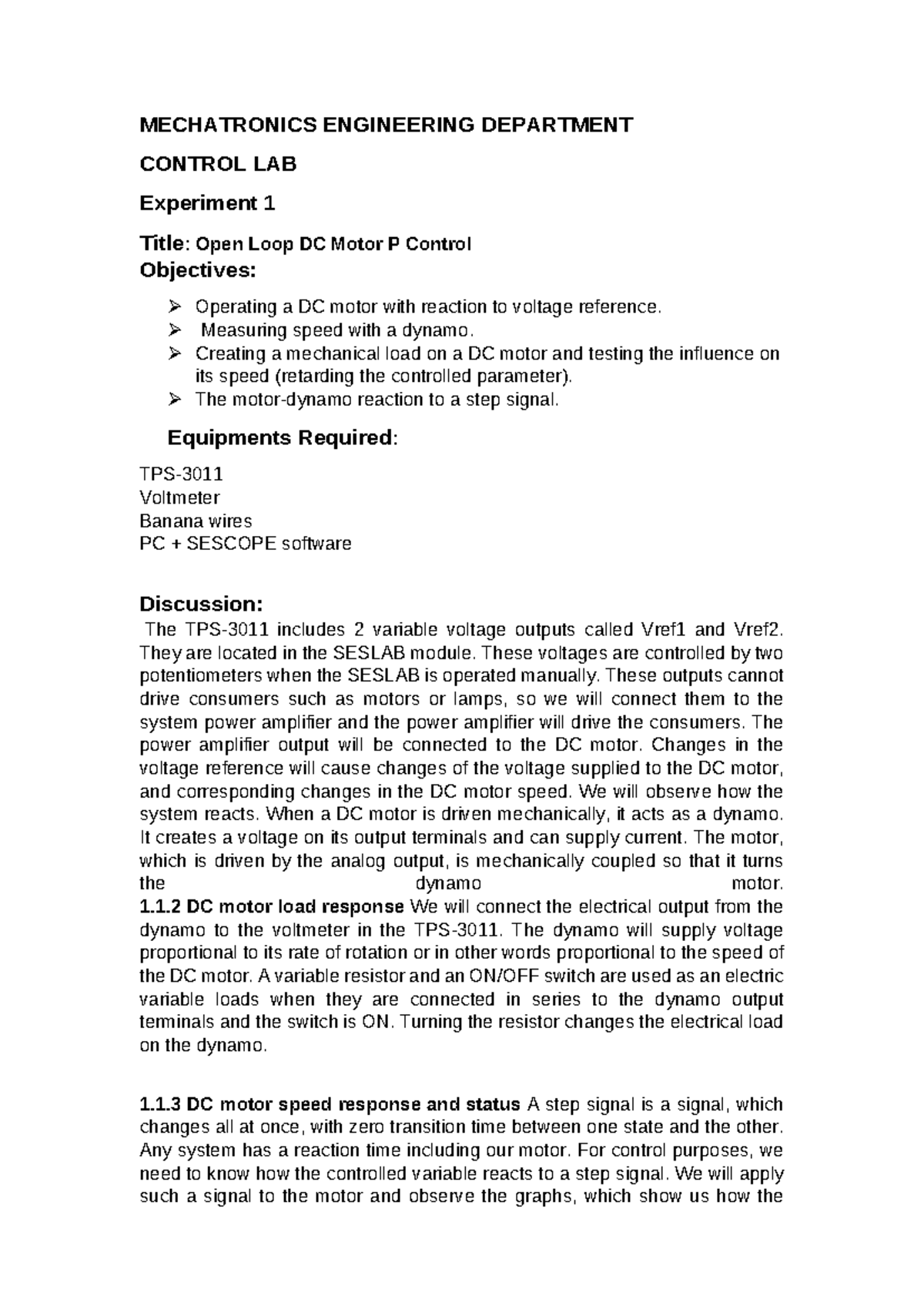 Control lab - MECHATRONICS ENGINEERING DEPARTMENT CONTROL LAB ...