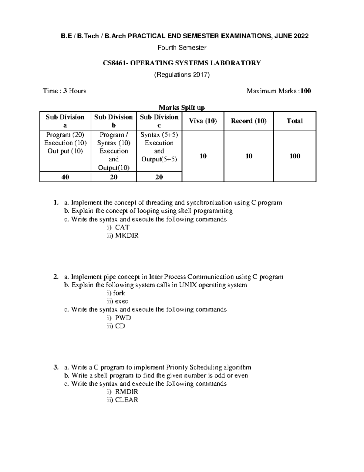 Os lab set1 - B / B / B PRACTICAL END SEMESTER EXAMINATIONS, JUNE 2022 Fourth Semester CS8461 ...