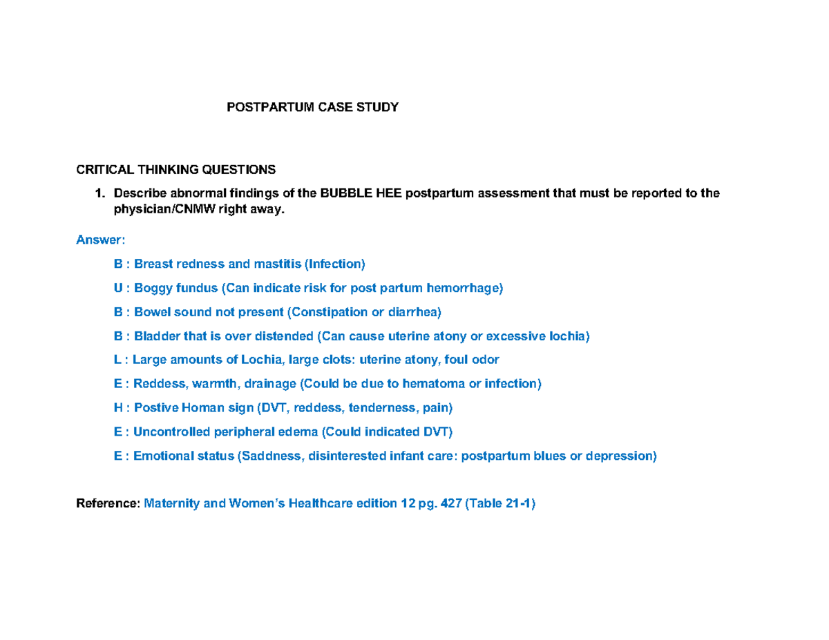 1Postpartum CS wk5 - case study - POSTPARTUM CASE STUDY CRITICAL ...