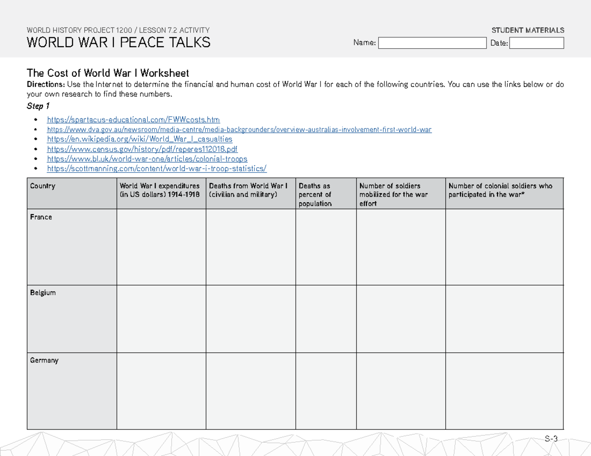 World War I Peace Talks Research - Name: Date: Name: STUDENT ...