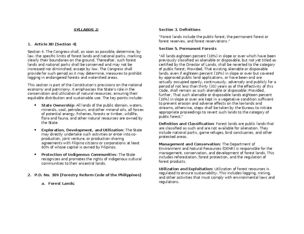 Week2 EL - envi law reviewer - SYLLABUS 2: Article XII (Section 4 ...
