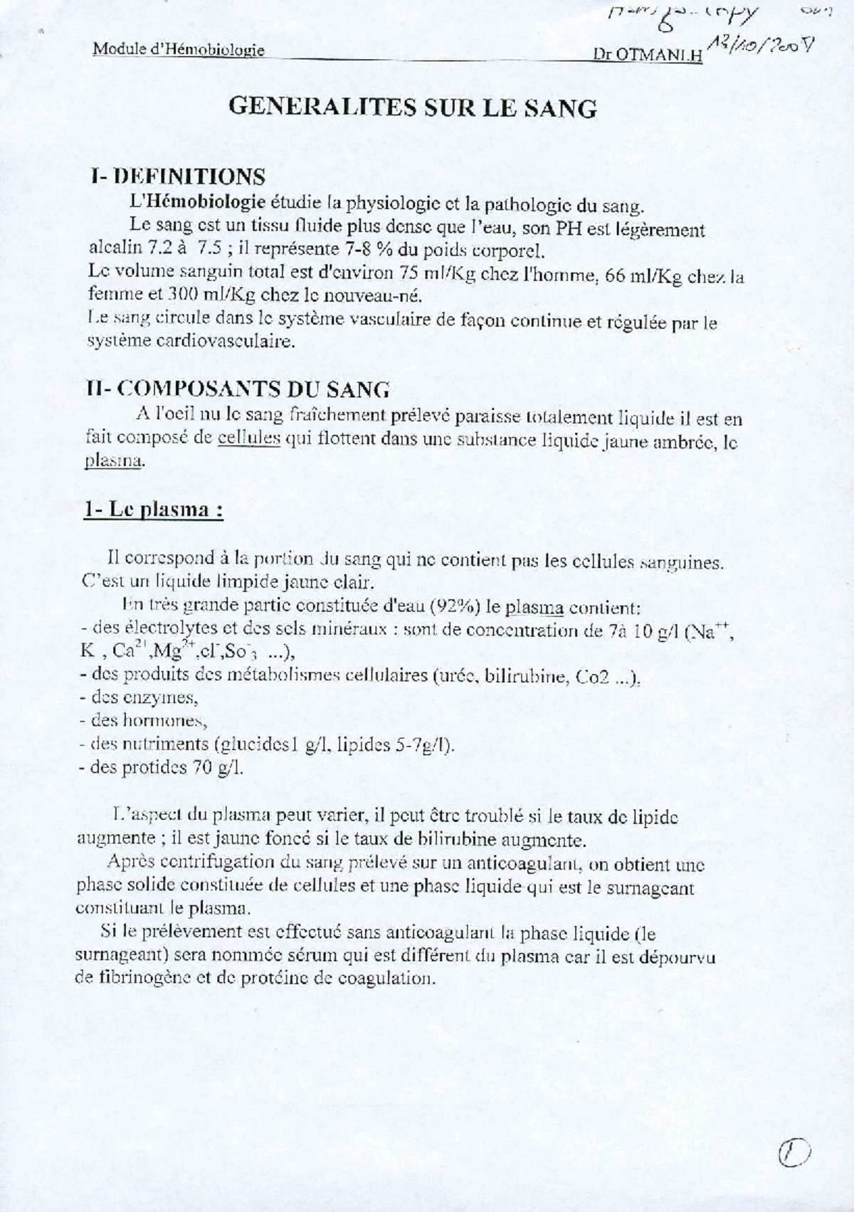 Généralités sur le sang - cours Pharmacie - Studocu