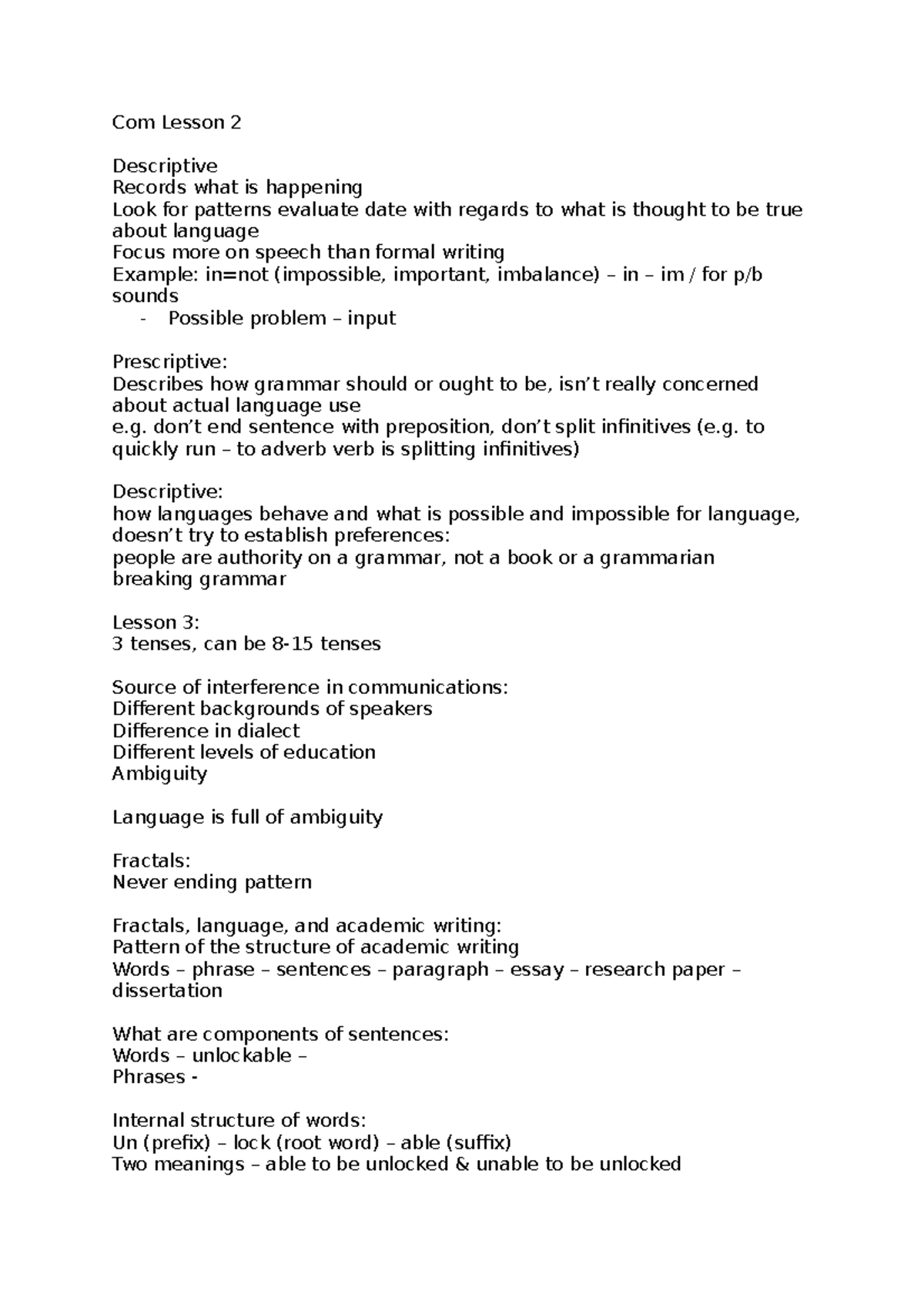 Com Grammar - notes on comp lecture - Com Lesson 2 Descriptive Records ...