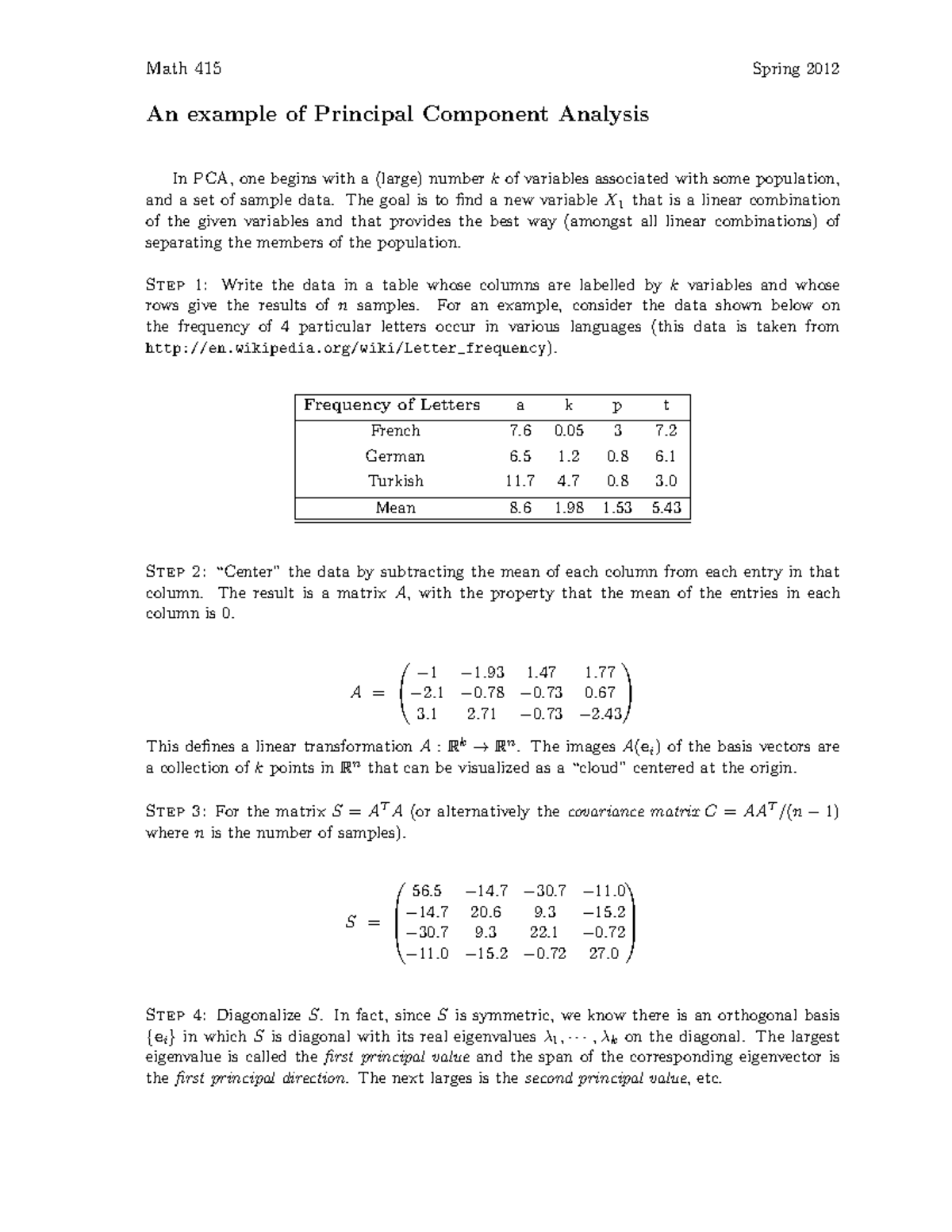 Practical - Principal component analysis - Math 415 Spring 2012 An ...