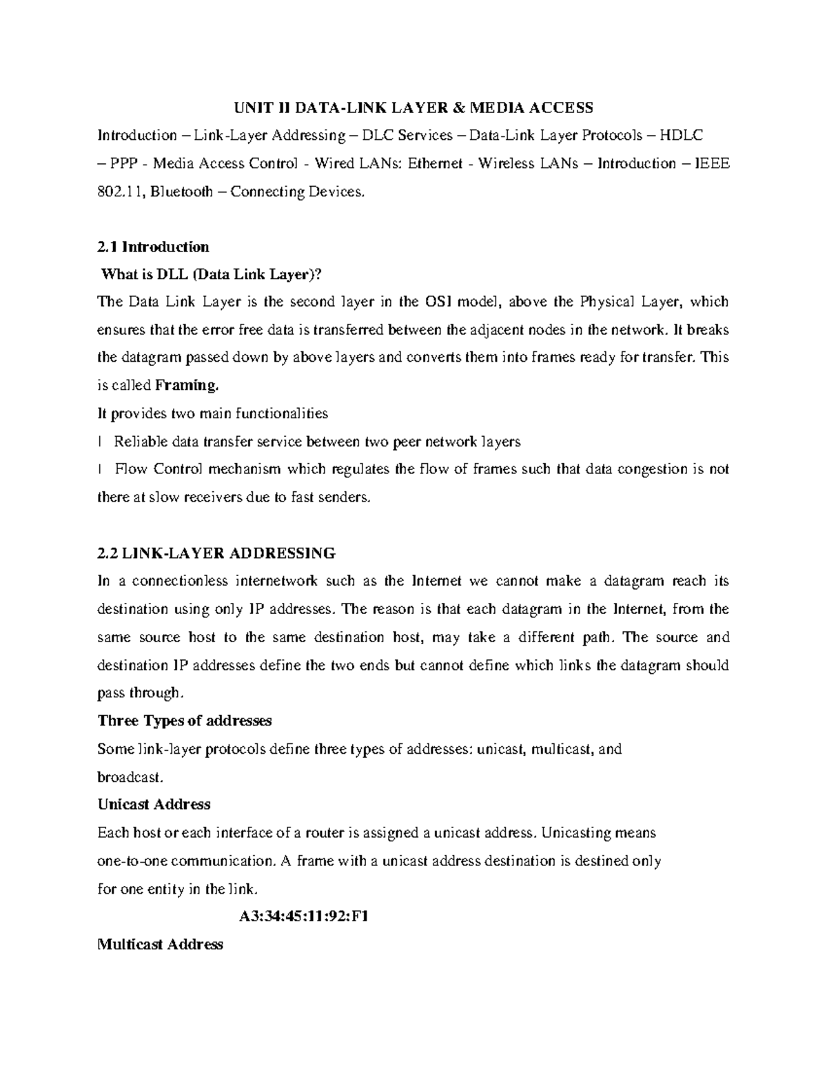 Computer Networks Unit 2 - Warning: TT: undefined function: 32 UNIT II DATA-LINK LAYER & MEDIA ...