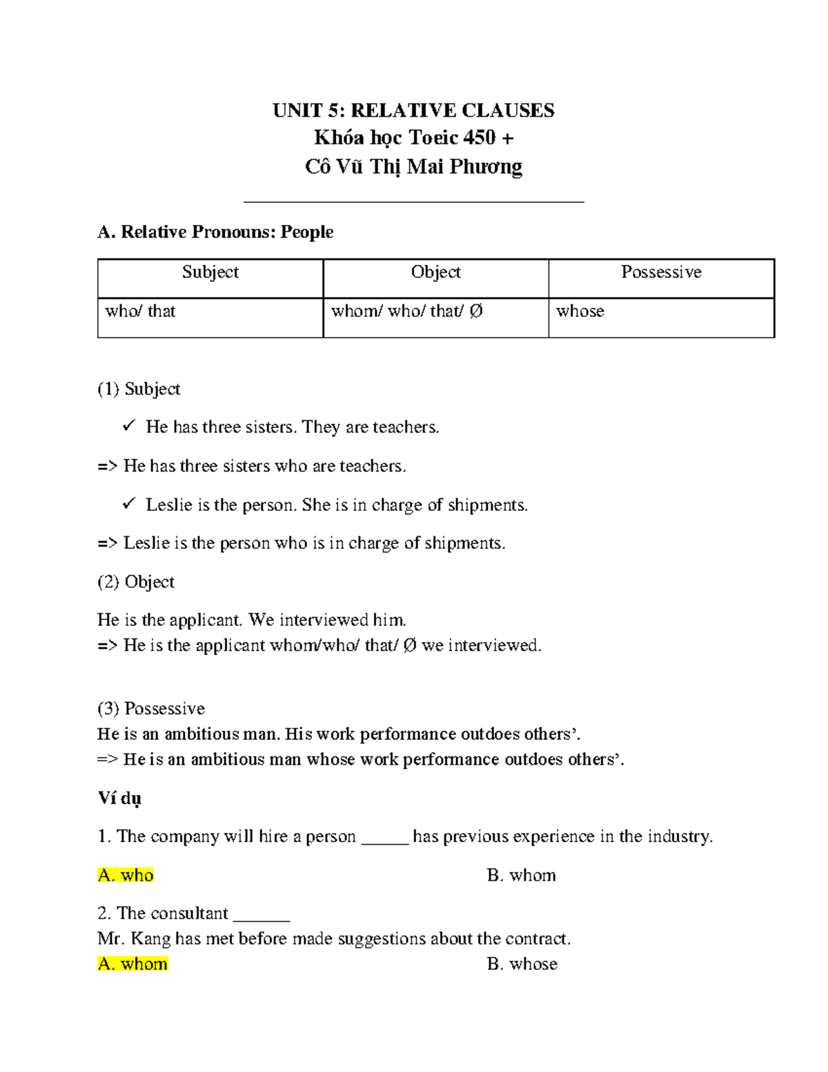 Mệnh đề quan hệ - UNIT 5: RELATIVE CLAUSES Cô Vũ Th Khóa học Toeic 450 ...
