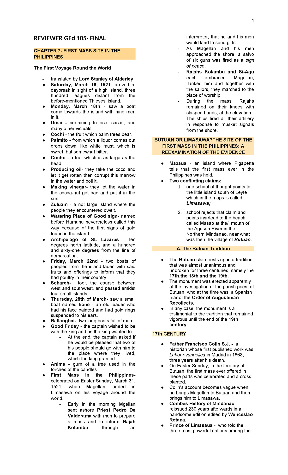 GEd-105- Final - REVIEWER GEd 105- FINAL CHAPTER 7- FIRST MASS SITE IN THE PHILIPPINES The First ...