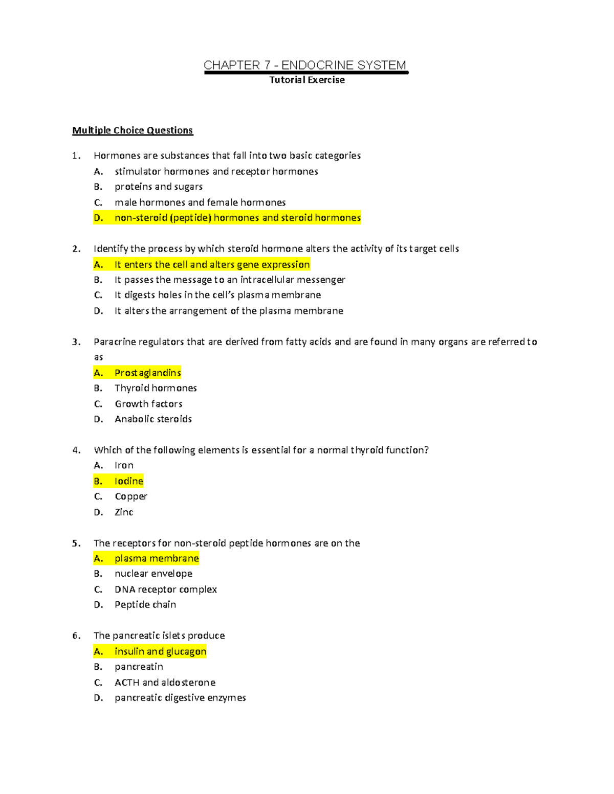 Answer Tutorial 7 Endocrine System - Tutorial Exercise Topic 1 – Endocrine System Multiple ...