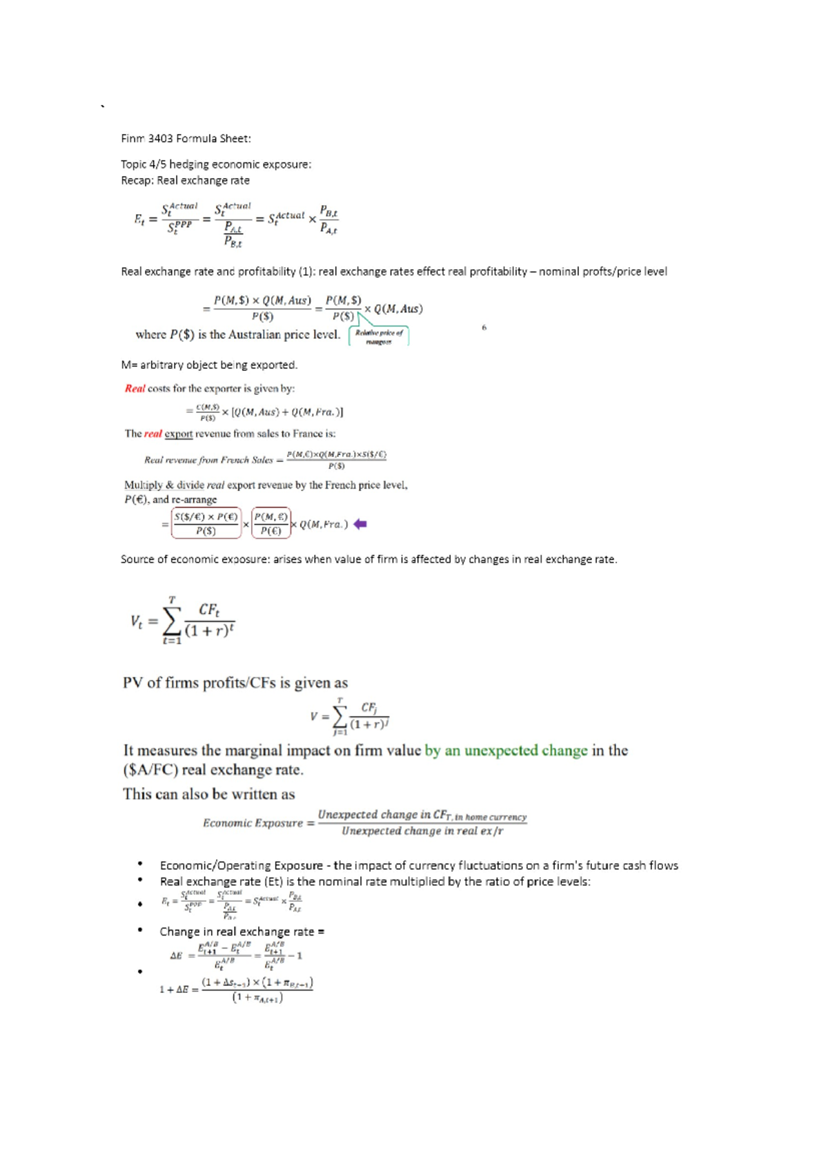 Formula sheet - Final exam - Finm 3403 Formula Sheet: Topic hedging ...