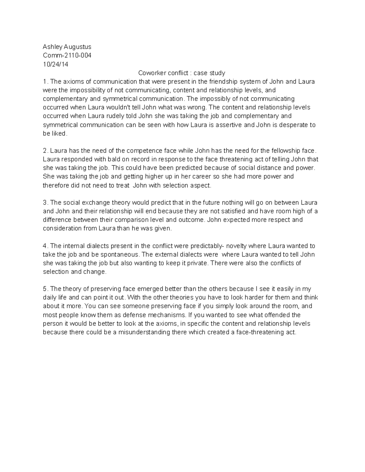 Coworker conflict case study - Ashley Augustus Coworker conflict : case ...