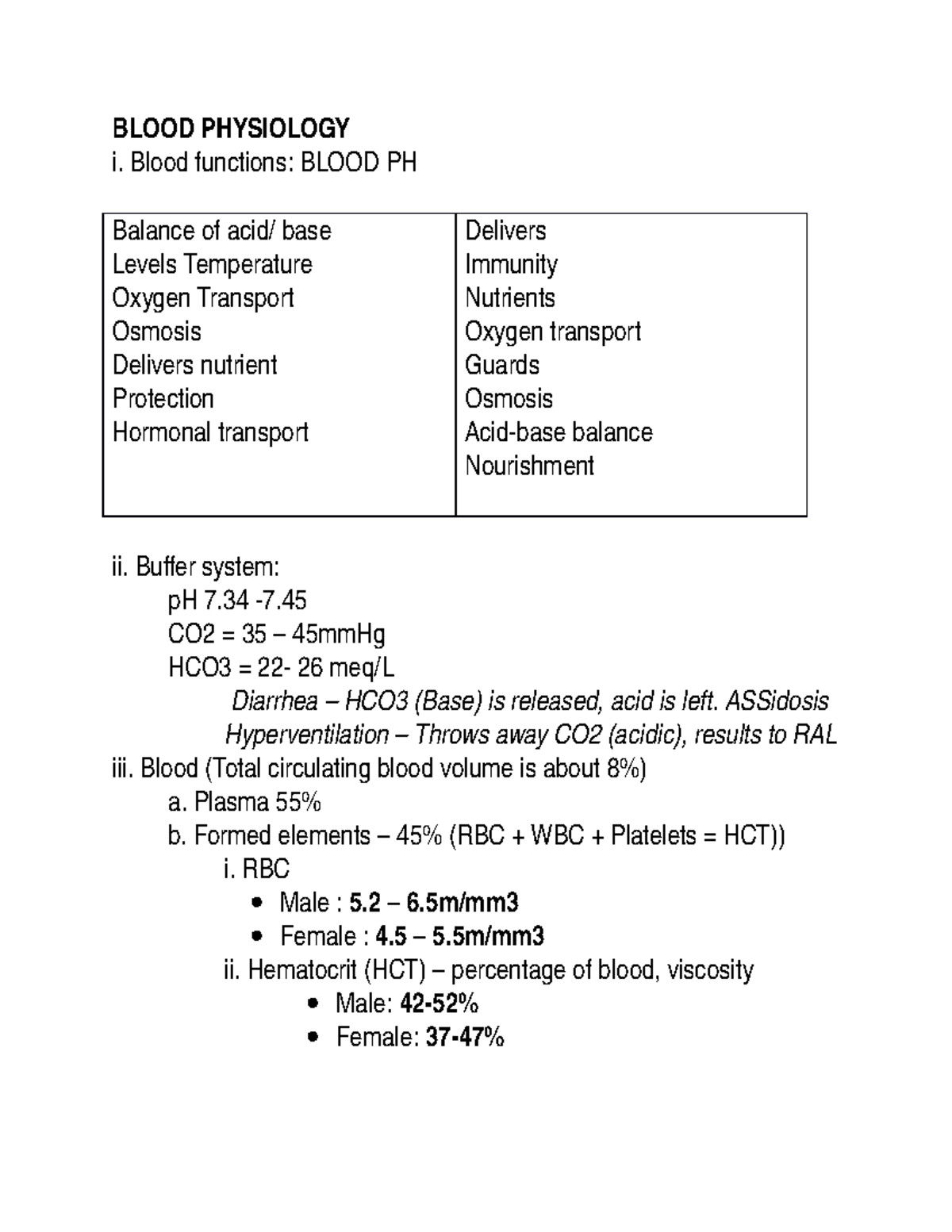 Blood Physiology - Lecture notes 1 - BLOOD PHYSIOLOGY i. Blood ...