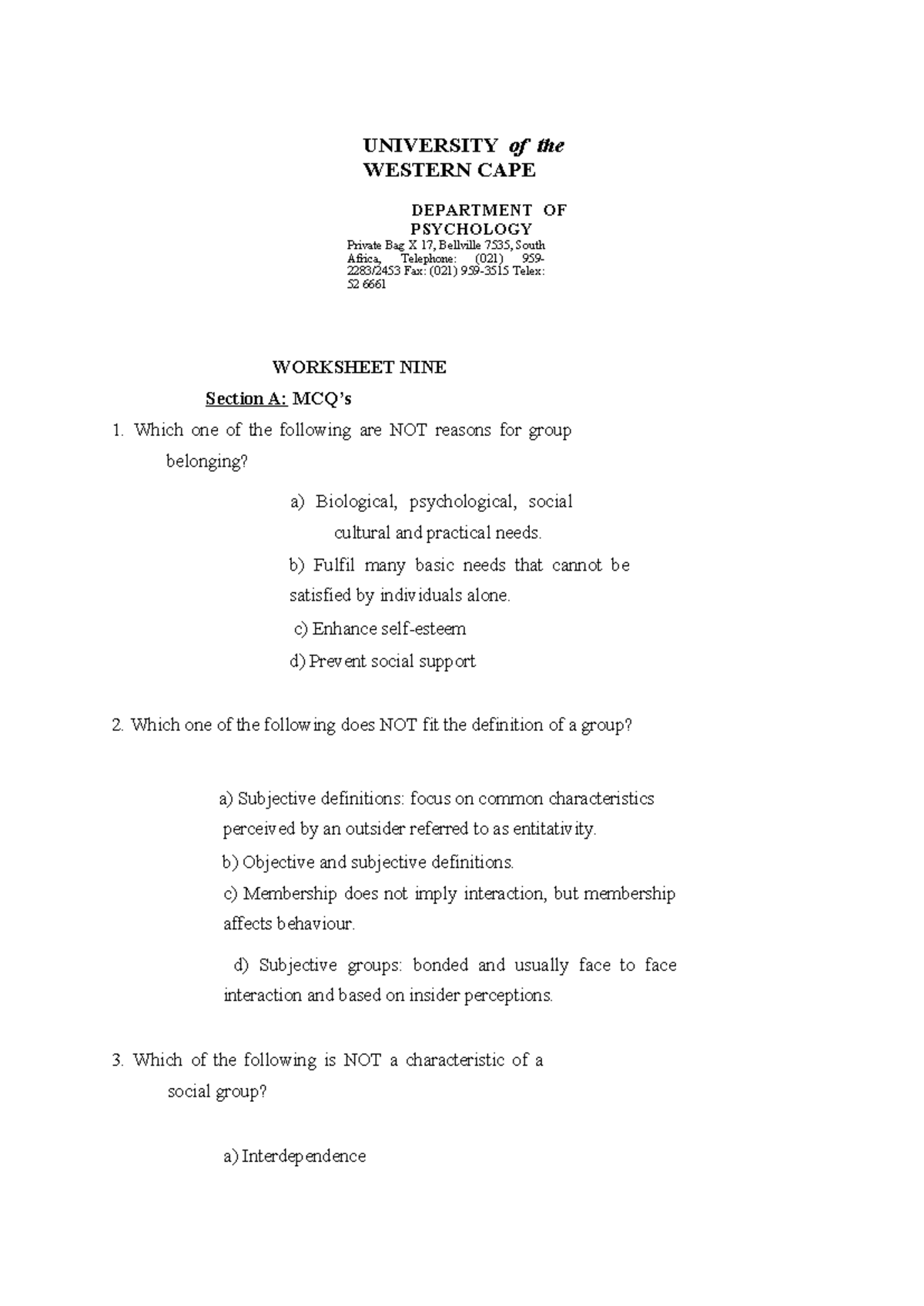 PSY111 Worksheet 9 - Psychology 111 tutorial work based on Group ...