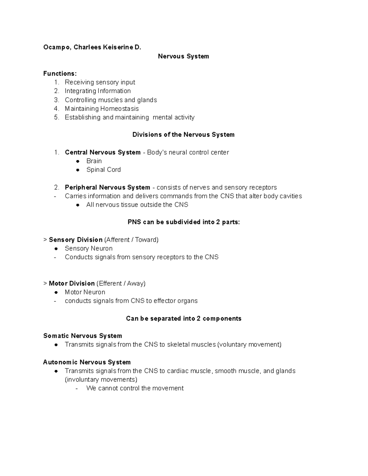 Nervous-System-1 - Nervous system notes - Ocampo, Charlees Keiserine D ...