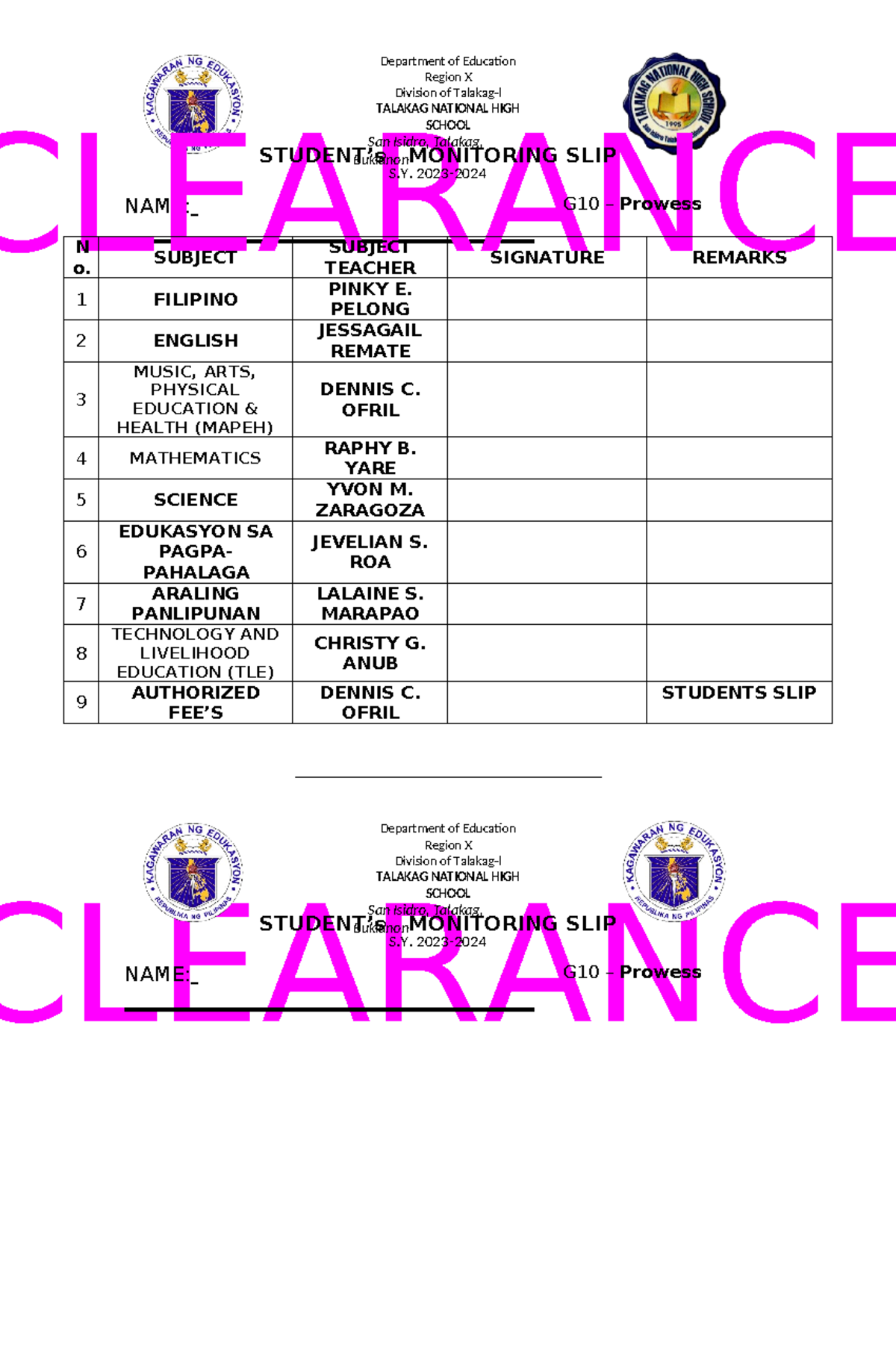 Students- Clearance prowess - NAME ...